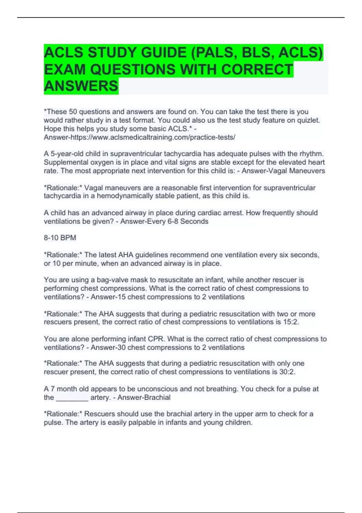 ACLS STUDY GUIDE (PALS, BLS, ACLS) EXAM QUESTIONS WITH CORRECT ANSWERS ...