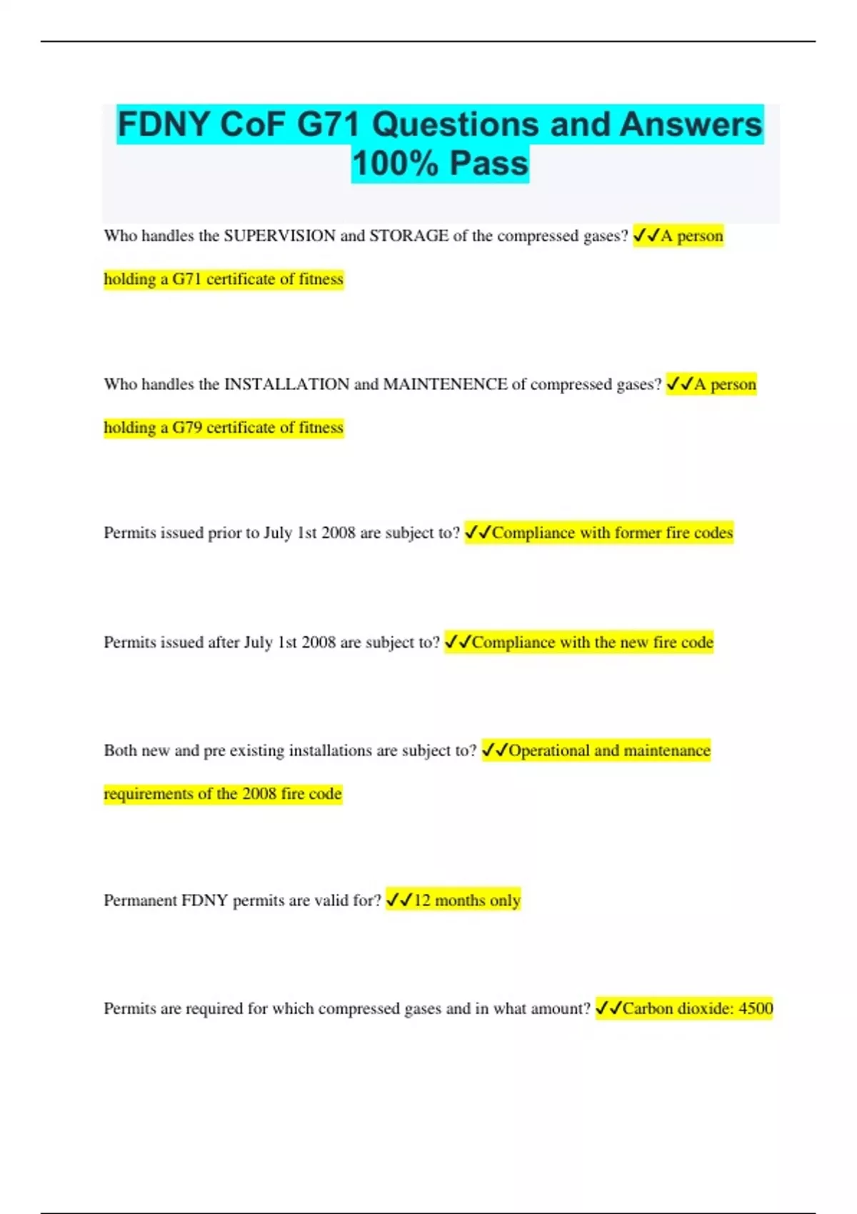 FDNY CoF G71 Questions and Answers 100% Pass - FDNY CoF G71 - Stuvia US