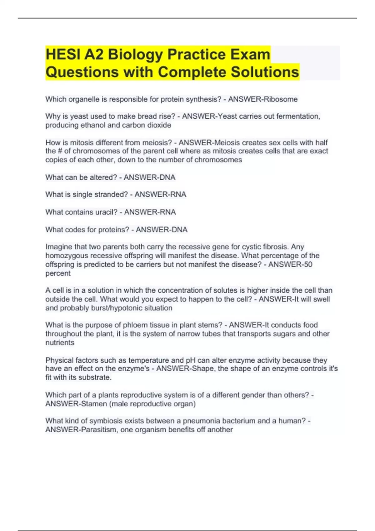 HESI A2 Biology Practice Exam Questions with Complete Solutions - HESI ...