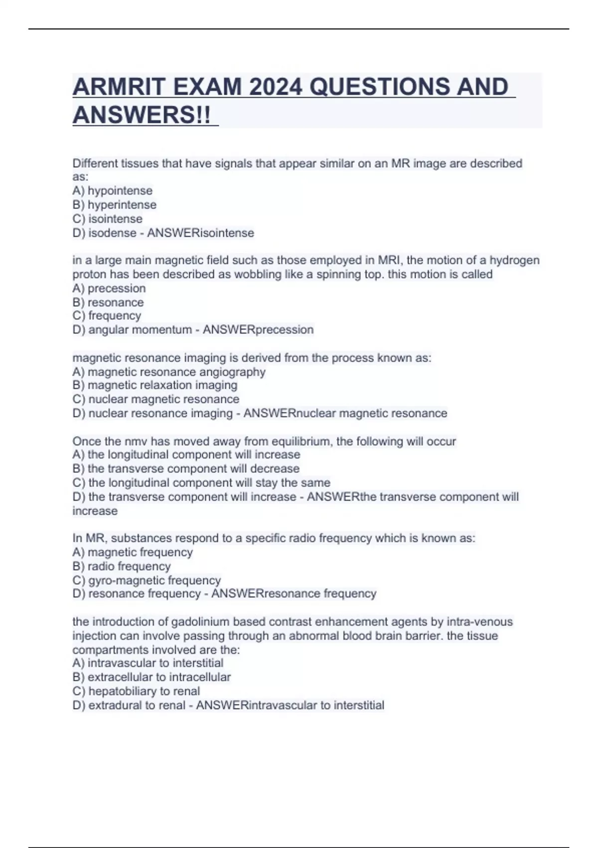 ARMRIT EXAM 2024 QUESTIONS AND ANSWERS!! - ARMRIT - Stuvia US