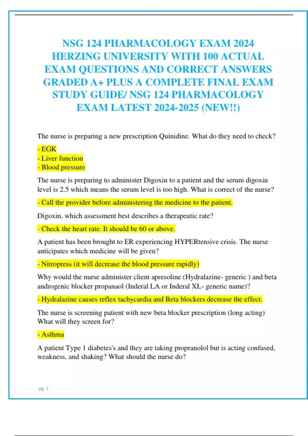 NSG 124 PHARMACOLOGY EXAM 2024 HERZING UNIVERSITY WITH 100 ACTUAL EXAM ...