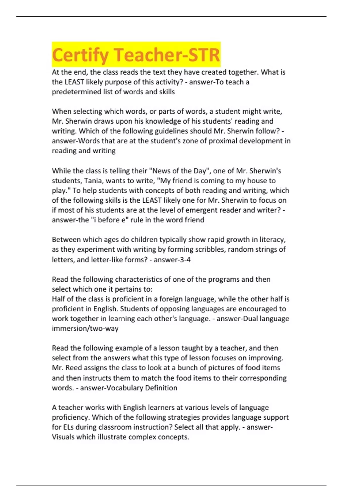 Certify Teacher-STR 2024 - Certify Teacher-STR - Stuvia US