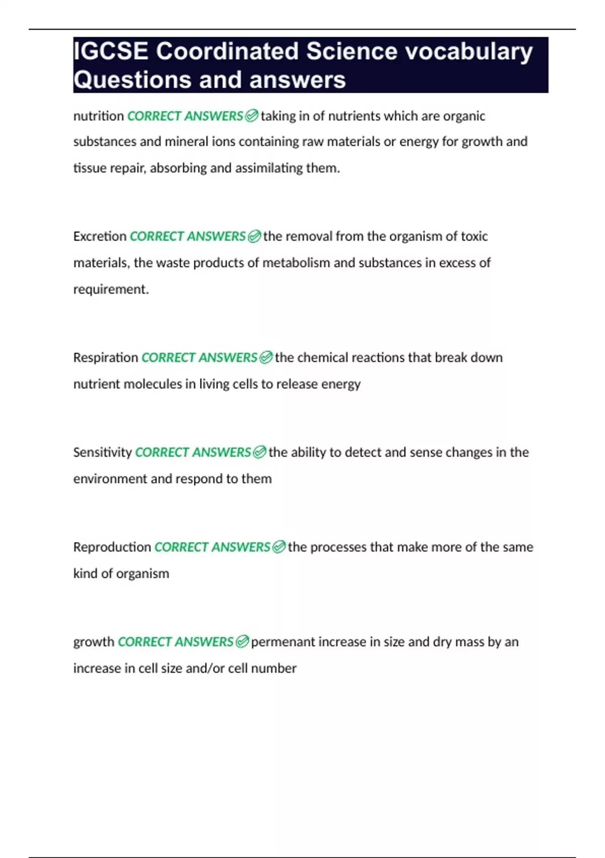 Igcse Coordinated Science Vocabulary Questions And Answers Igcse