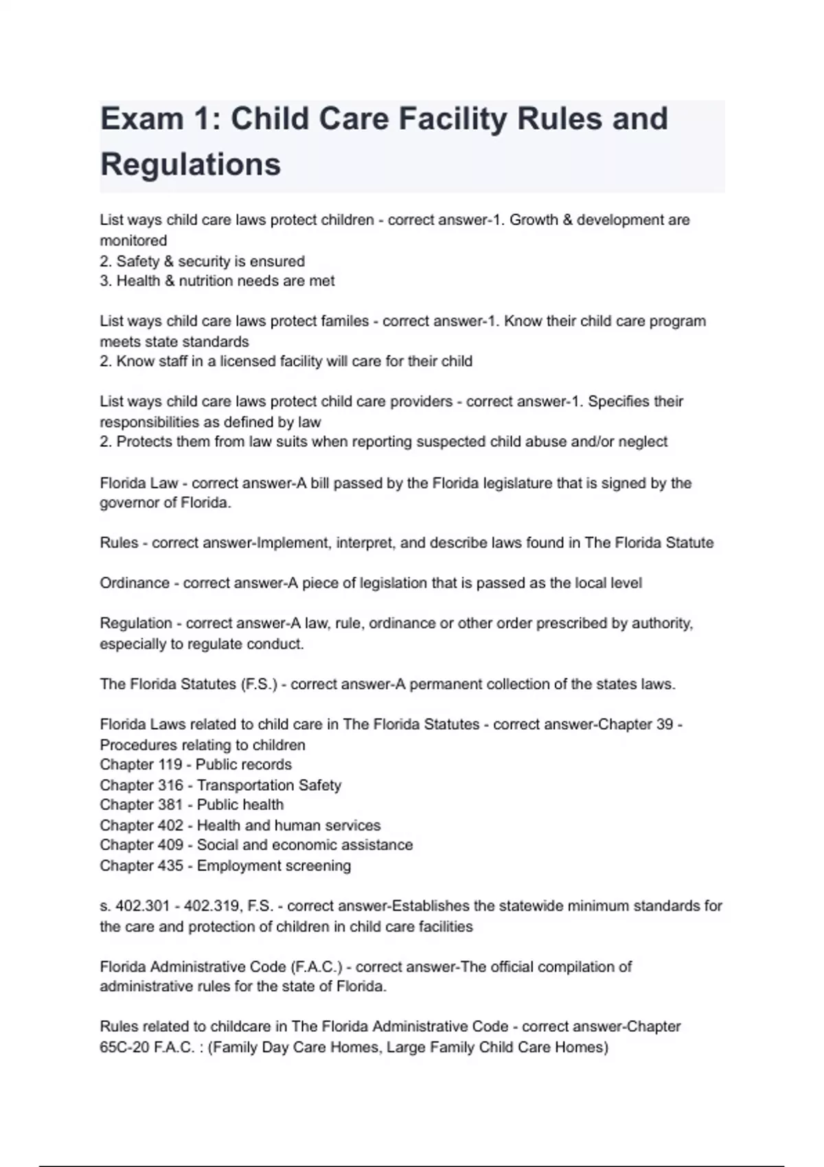 Exam 1: Child Care Facility Rules and Regulations questions and answers ...