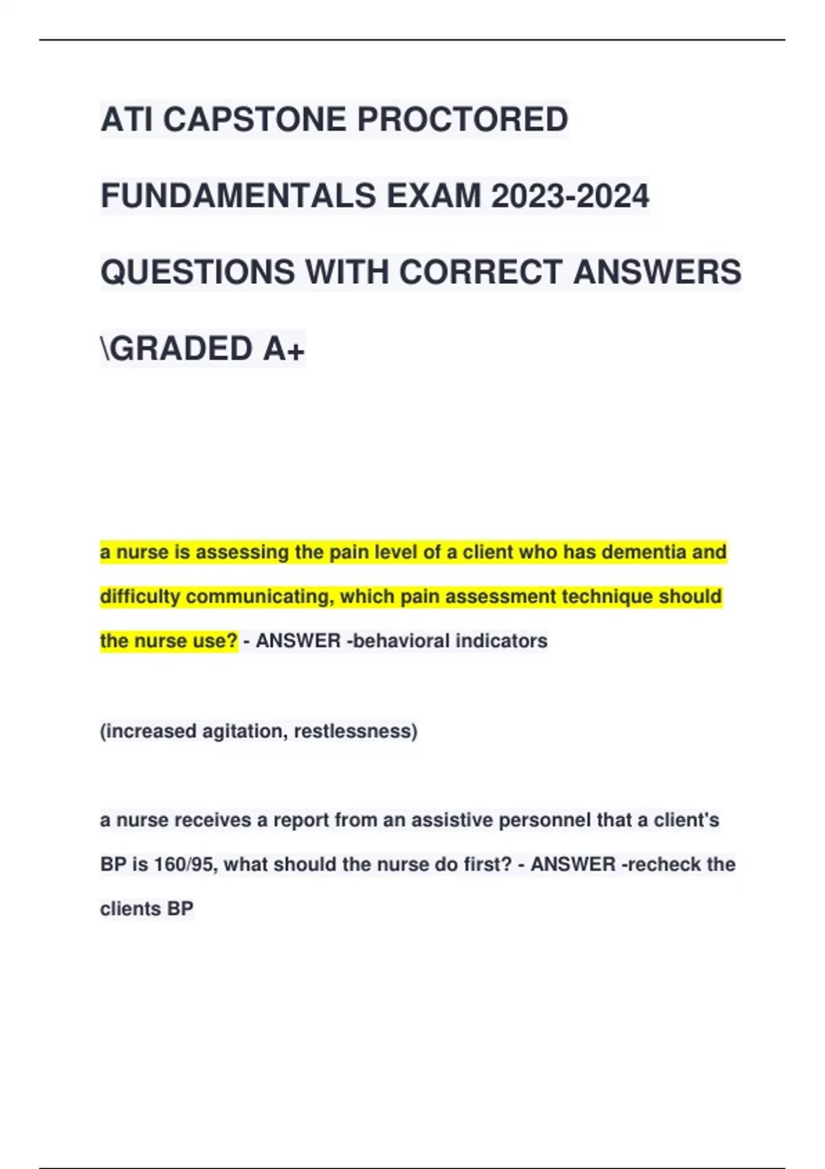 ATI CAPSTONE PROCTORED FUNDAMENTALS EXAM QUESTIONS WITH CORRECT ANSWERS ...