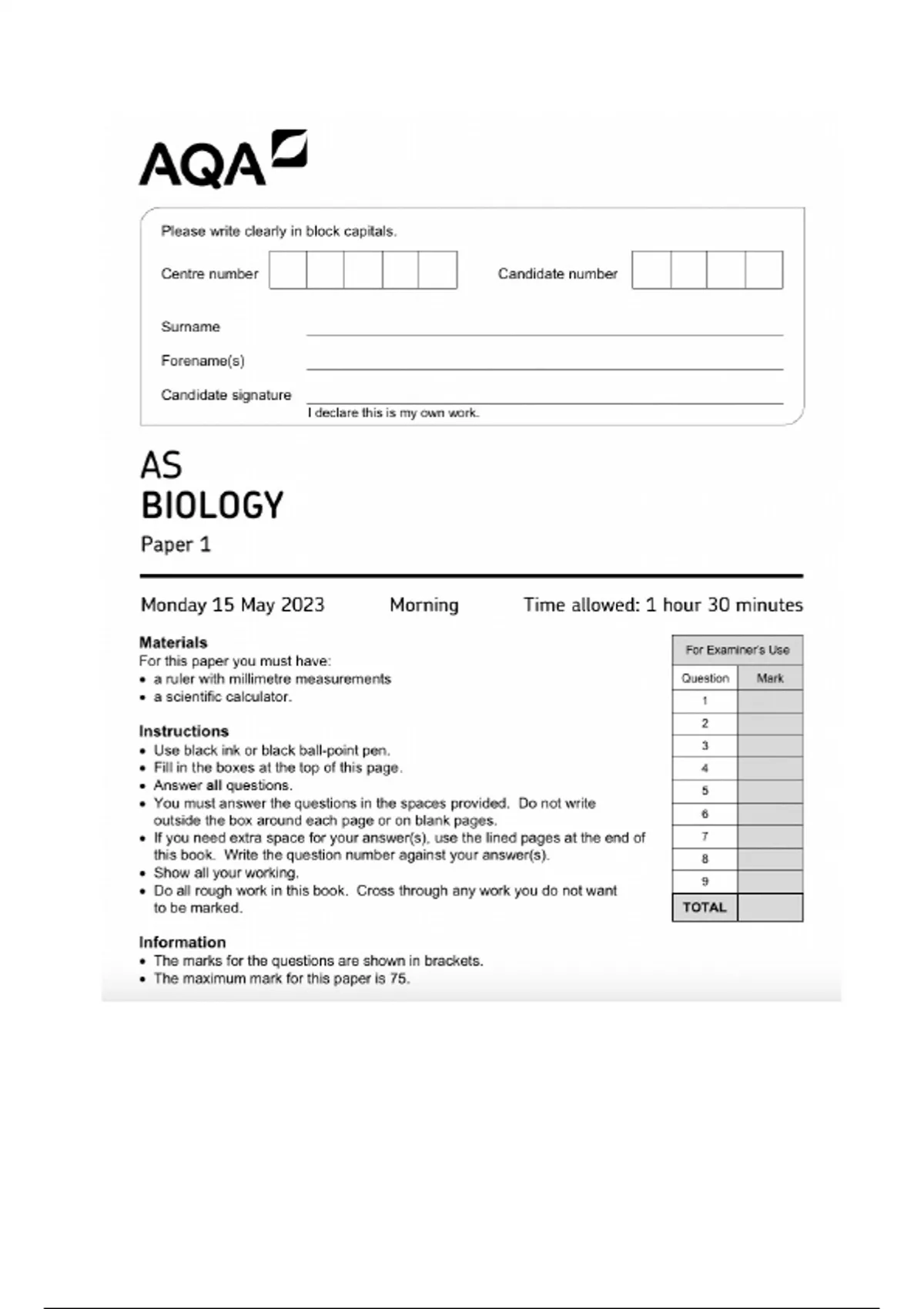 aqa as level biology paper 1 2023 - Paper 1 (BIOLOGY) - Stuvia UK