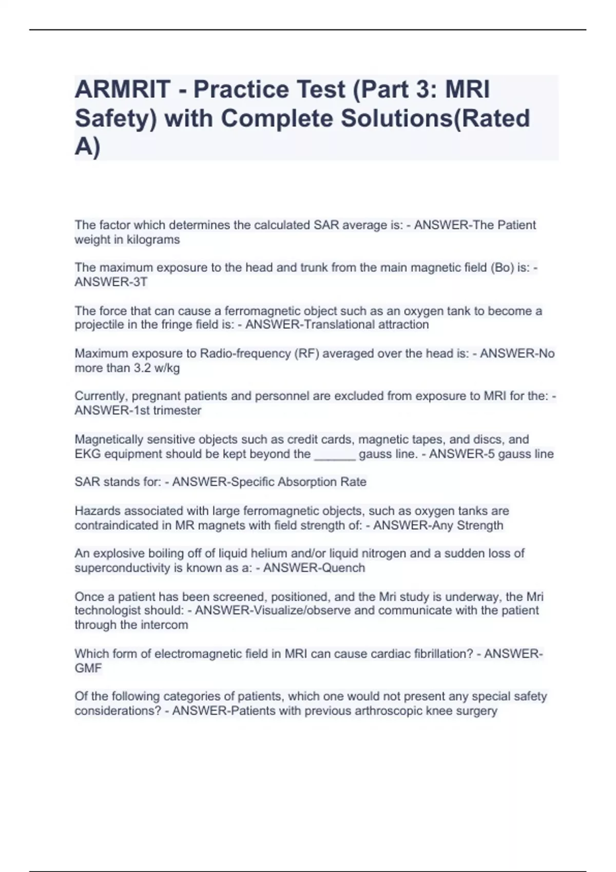 ARMRIT - Practice Test (Part 3: MRI Safety) with Complete Solutions ...