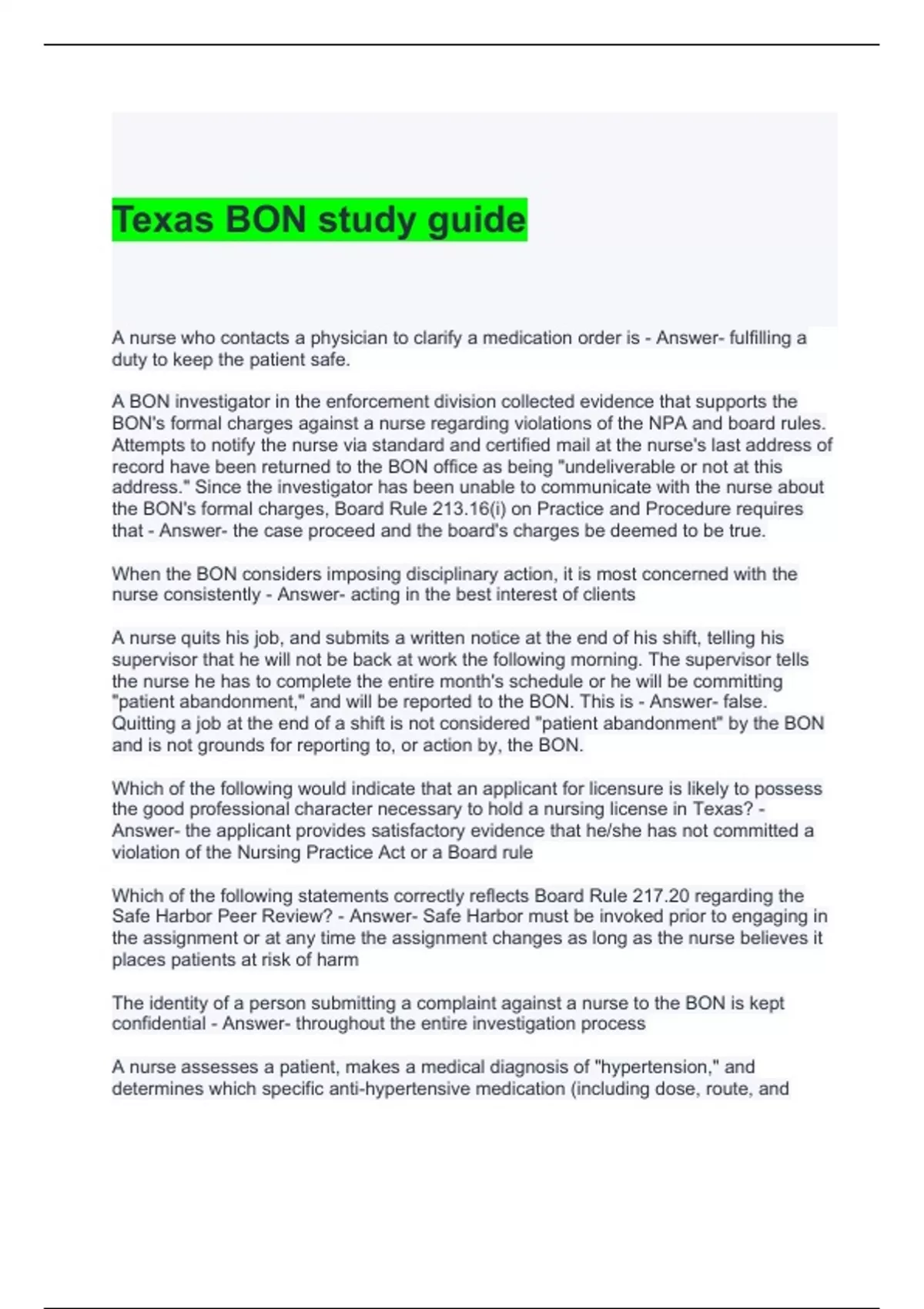 Texas BON study guide 2024 with complete solutions - STATE BOARDS OF ...