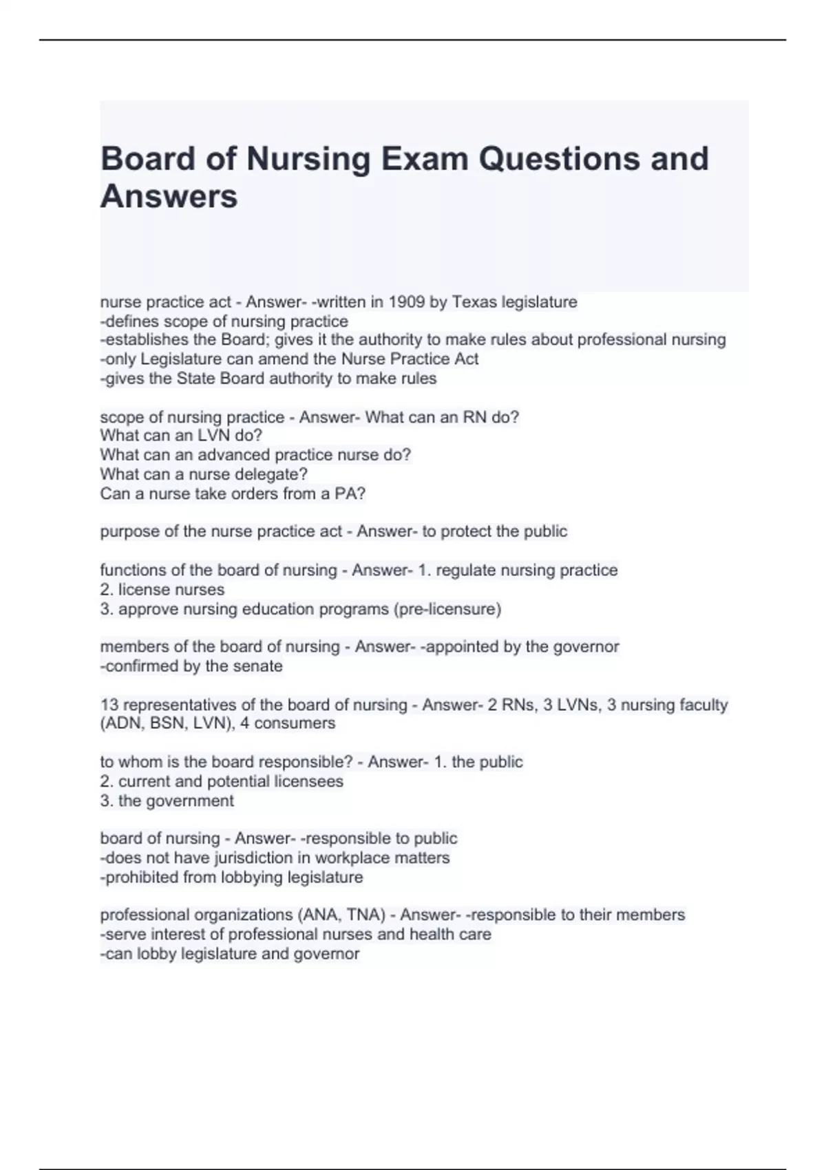 Board of Nursing Exam Questions and Answers 2024 - STATE BOARDS OF ...