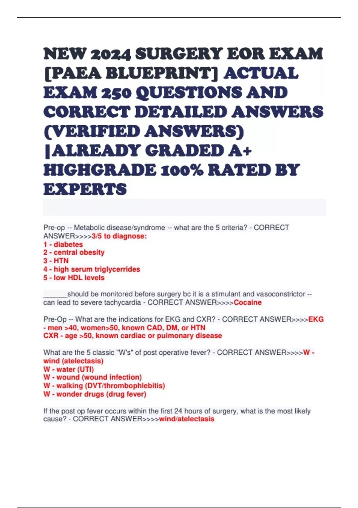 NEW 2024 SURGERY EOR EXAM [PAEA BLUEPRINT] ACTUAL EXAM 250 QUESTIONS AND CORRECT DETAILED ...