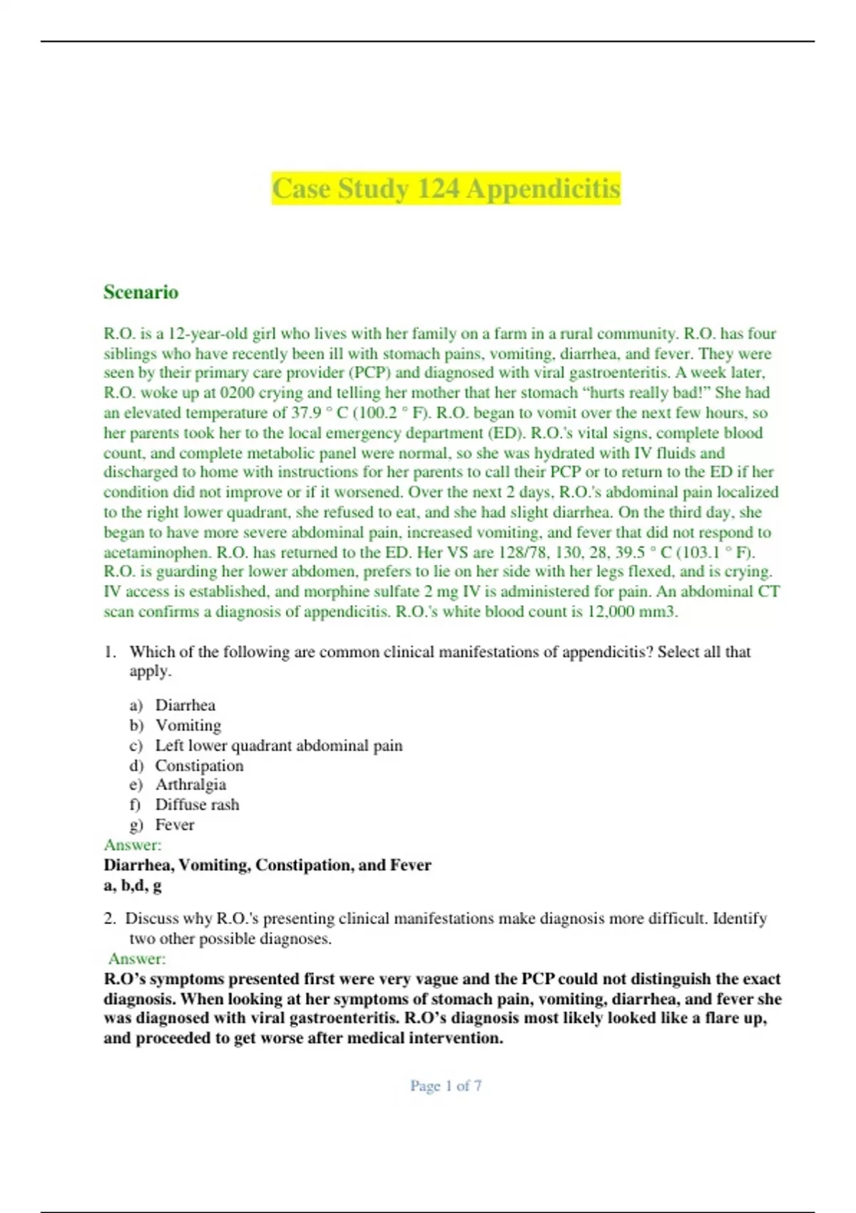 Case Study 124 Appendicitis questions and answers - Nursing course - Stuvia US