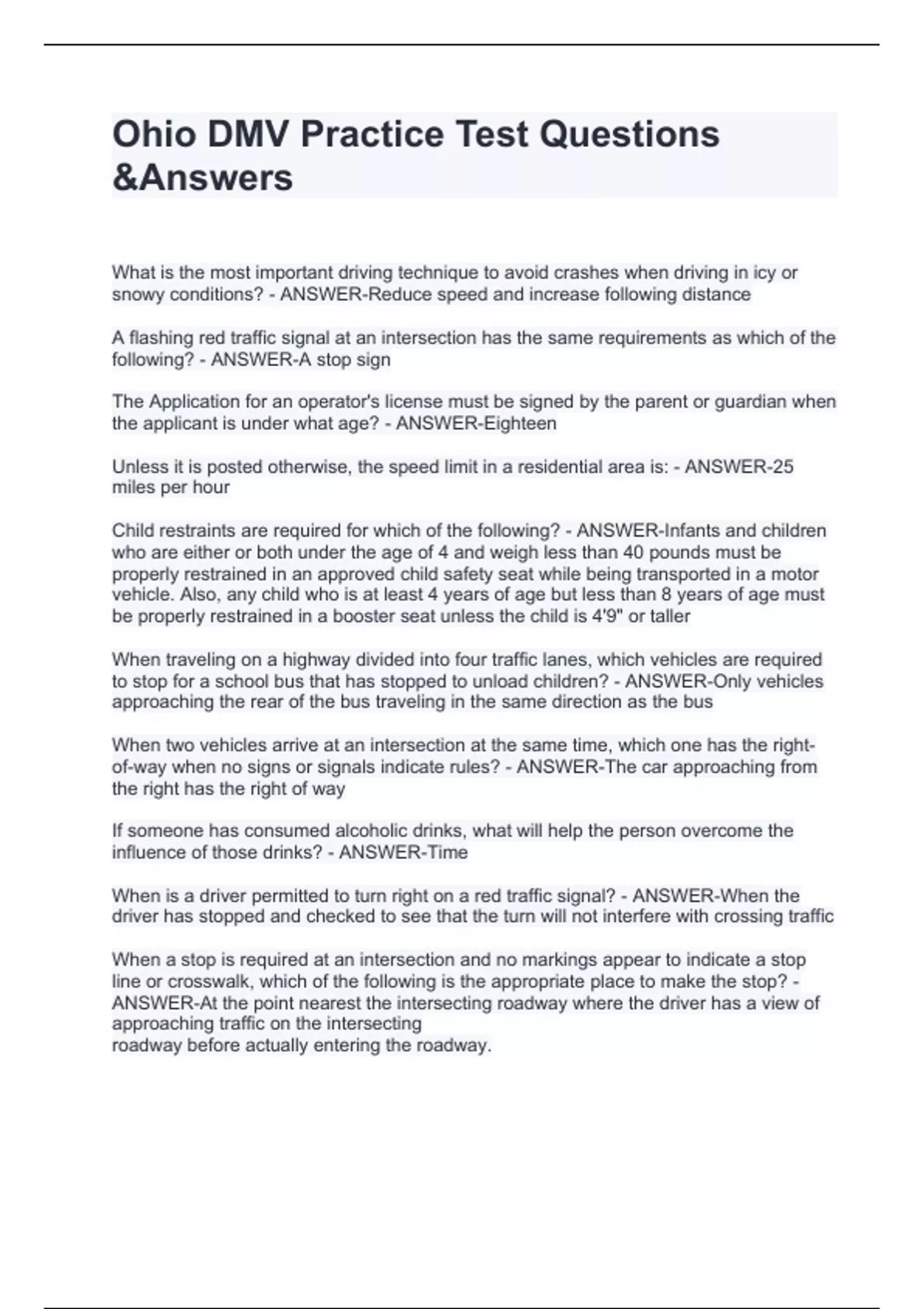 Ohio DMV Practice Test Questions &Answers - Ohio DMV Permit - Stuvia US