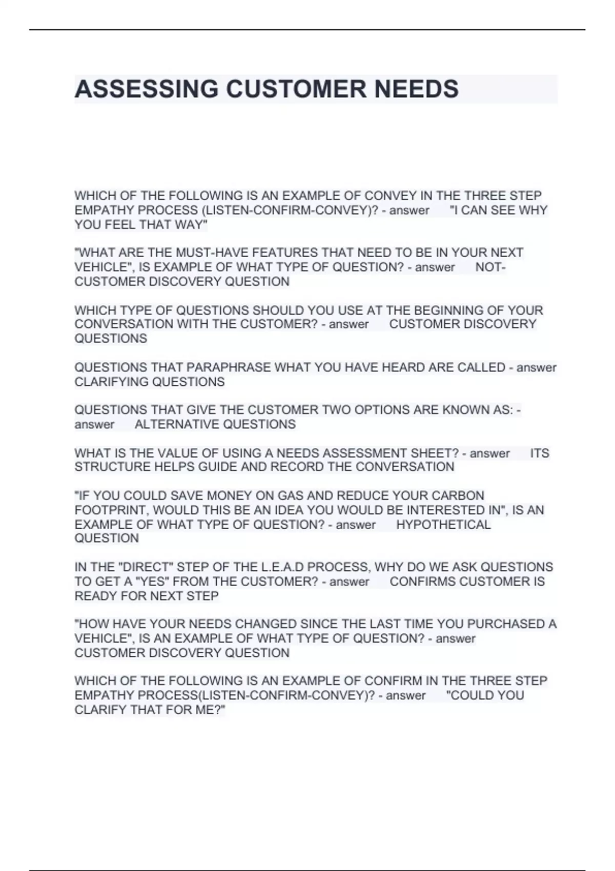 ASSESSING CUSTOMER NEEDS QUESTIONS WITH CORRECT ANSWERS 2024 - 3cx ...