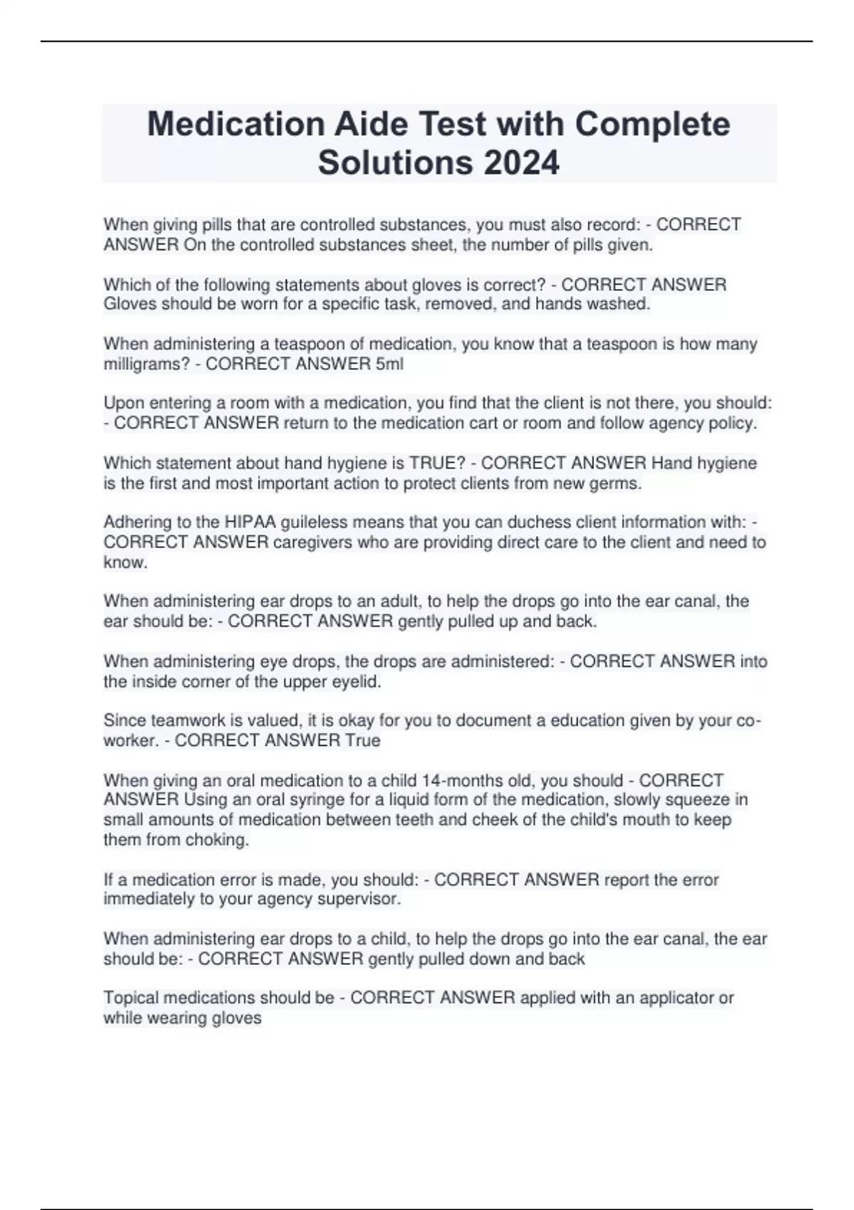 Medication Aide Test with Complete Solutions 2024 - Certified ...