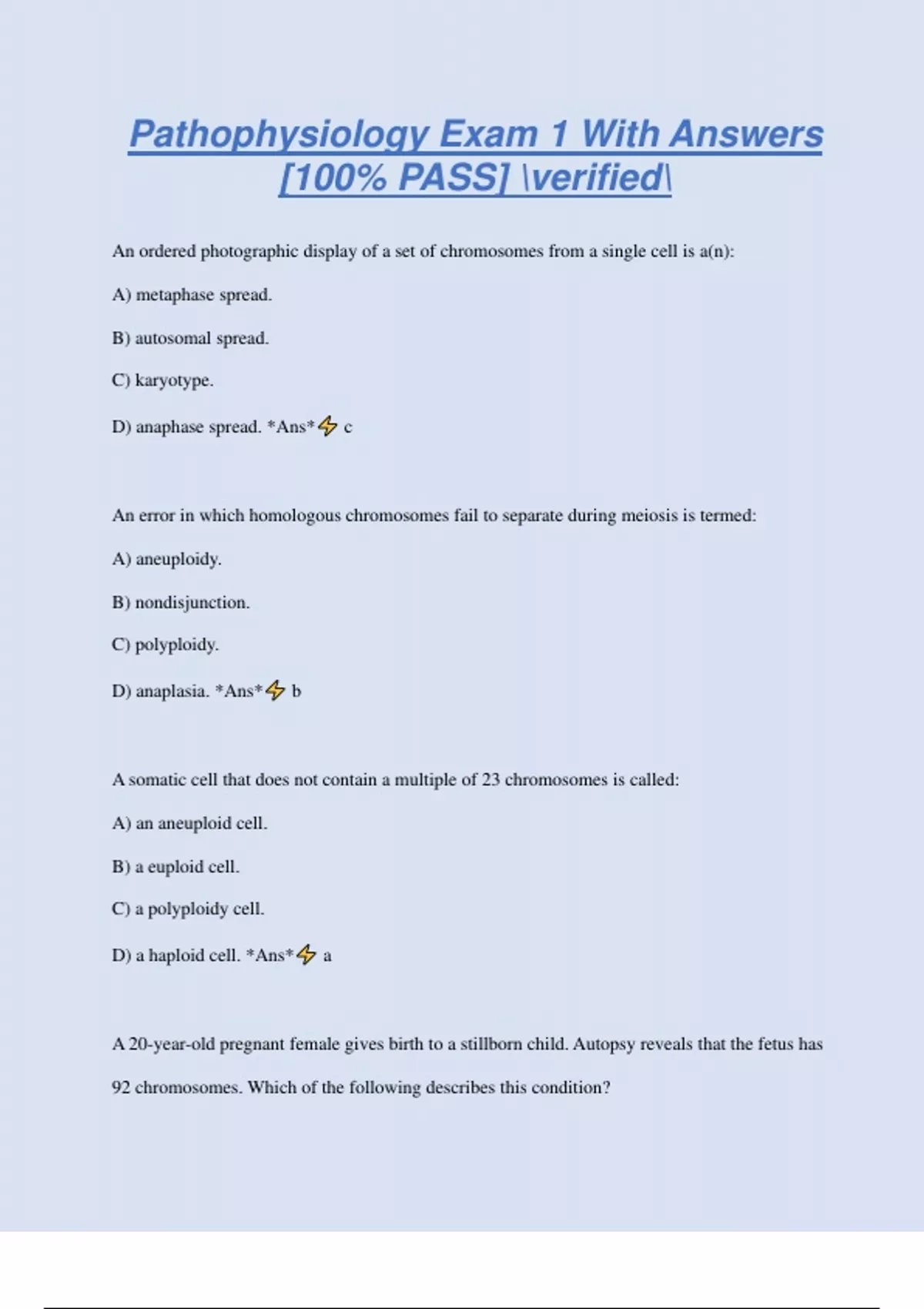 Pathophysiology Exam 1 With Answers [100% PASS] verified ...