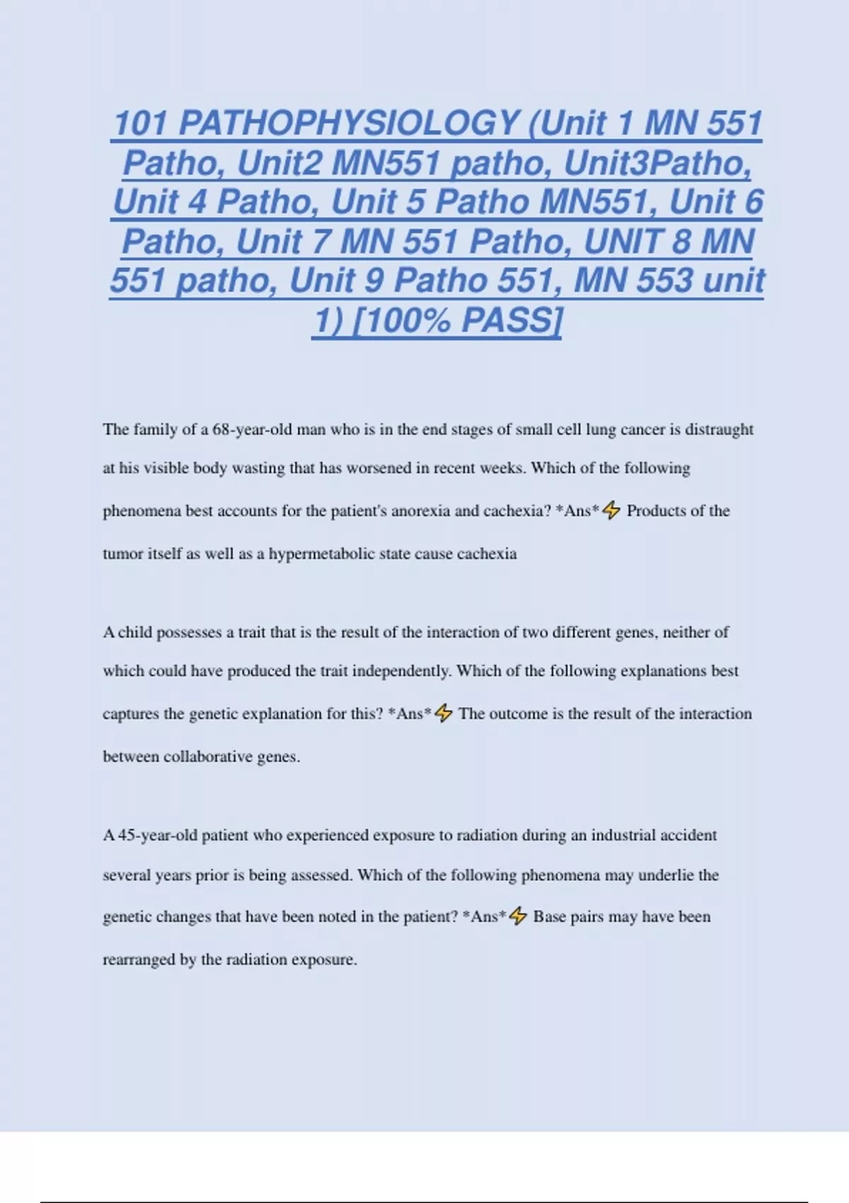 101 PATHOPHYSIOLOGY (Unit 1 MN 551 Patho, Unit2 MN551 patho, Unit3Patho, Unit 4 Patho, Unit 5 ...