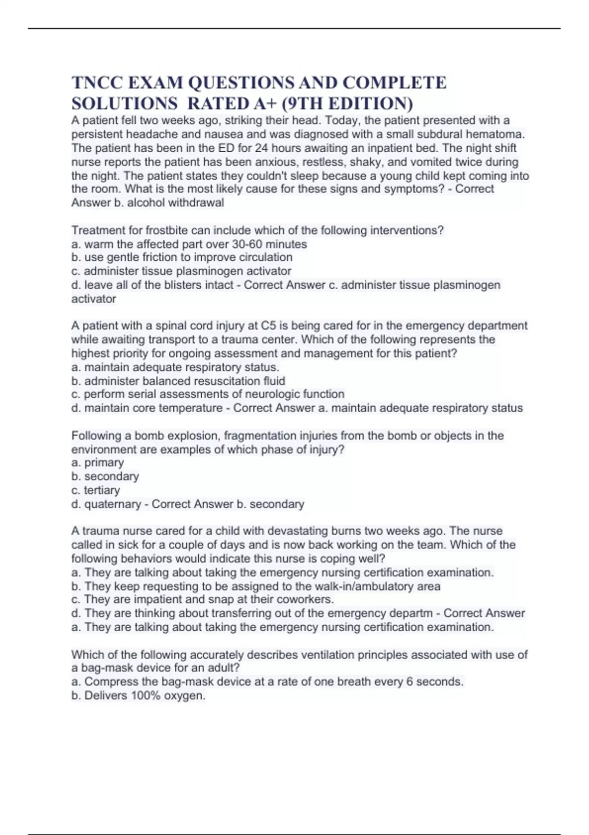 TNCC EXAM QUESTIONS AND COMPLETE SOLUTIONS RATED A+ (9TH EDITION ...