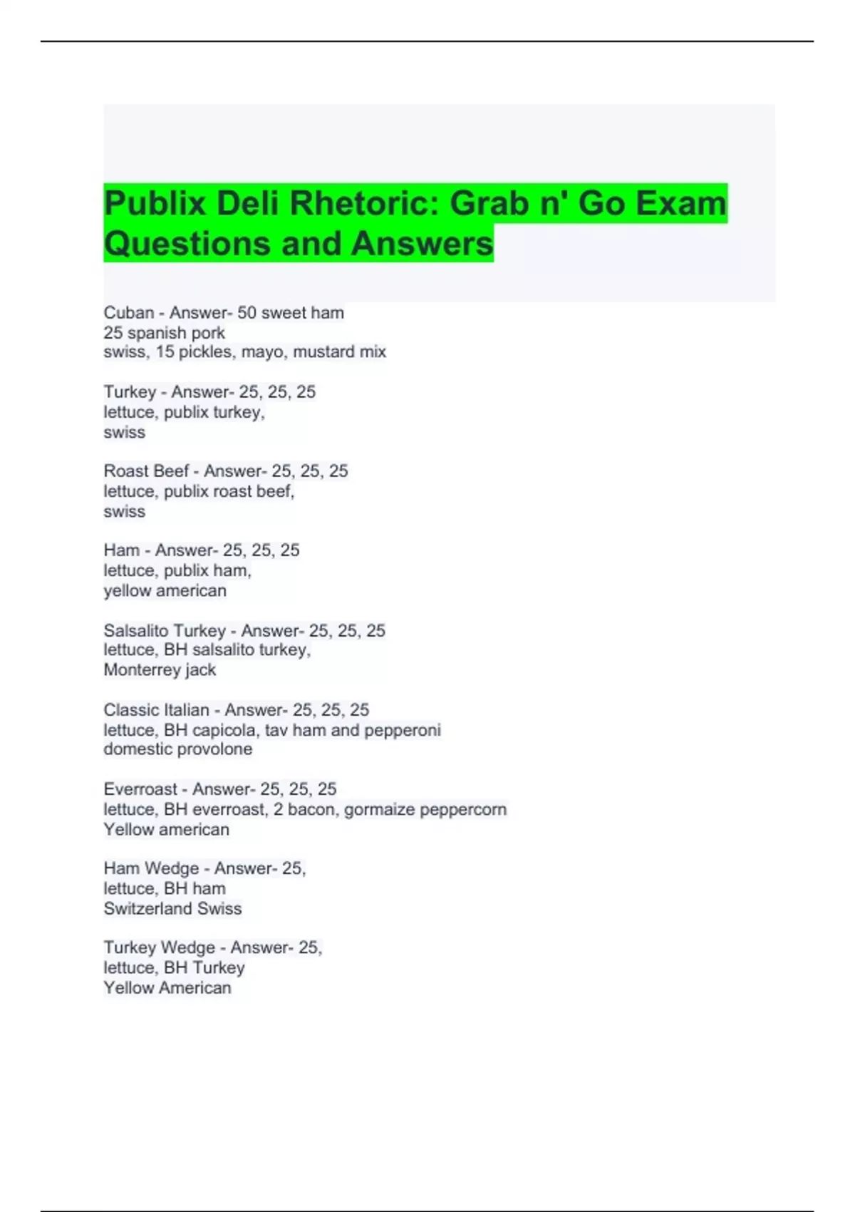 Publix Deli Rhetoric Grab n' Go Exam Questions and Answers - Publix ...