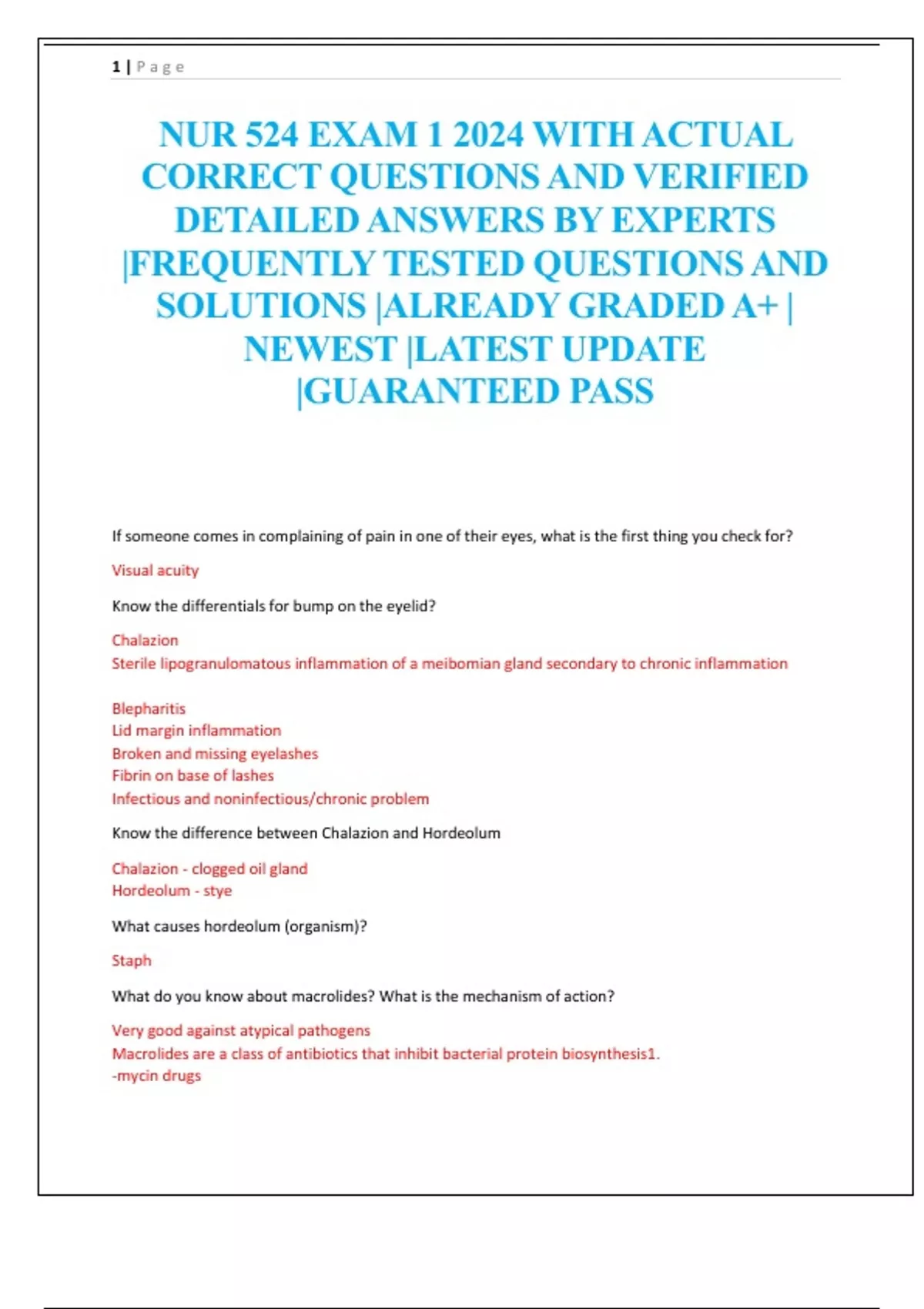 NUR 524 EXAM 1 2024 WITH ACTUAL CORRECT QUESTIONS AND VERIFIED DETAILED ...