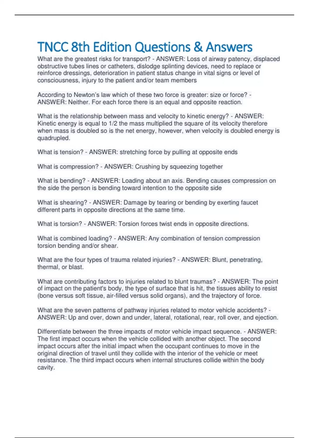 TNCC 8th Edition Questions & Answers 100% Correct - TNCC - Stuvia US