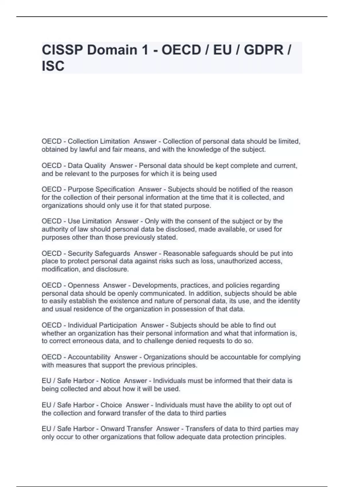 CISSP Domain 1 - OECD / EU / GDPR / ISC - CISSP - Certified Information ...