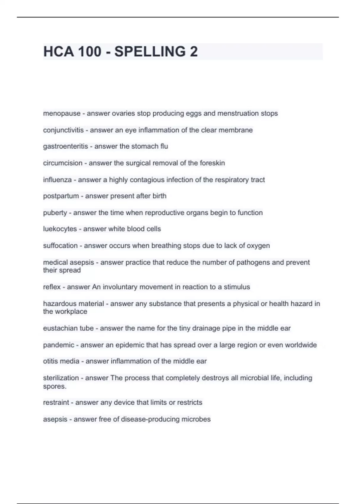 HCA 100 - SPELLING 2 QUESTIONS WITH CORRECT ANSWERS 2024 - HCA 100 - Stuvia US