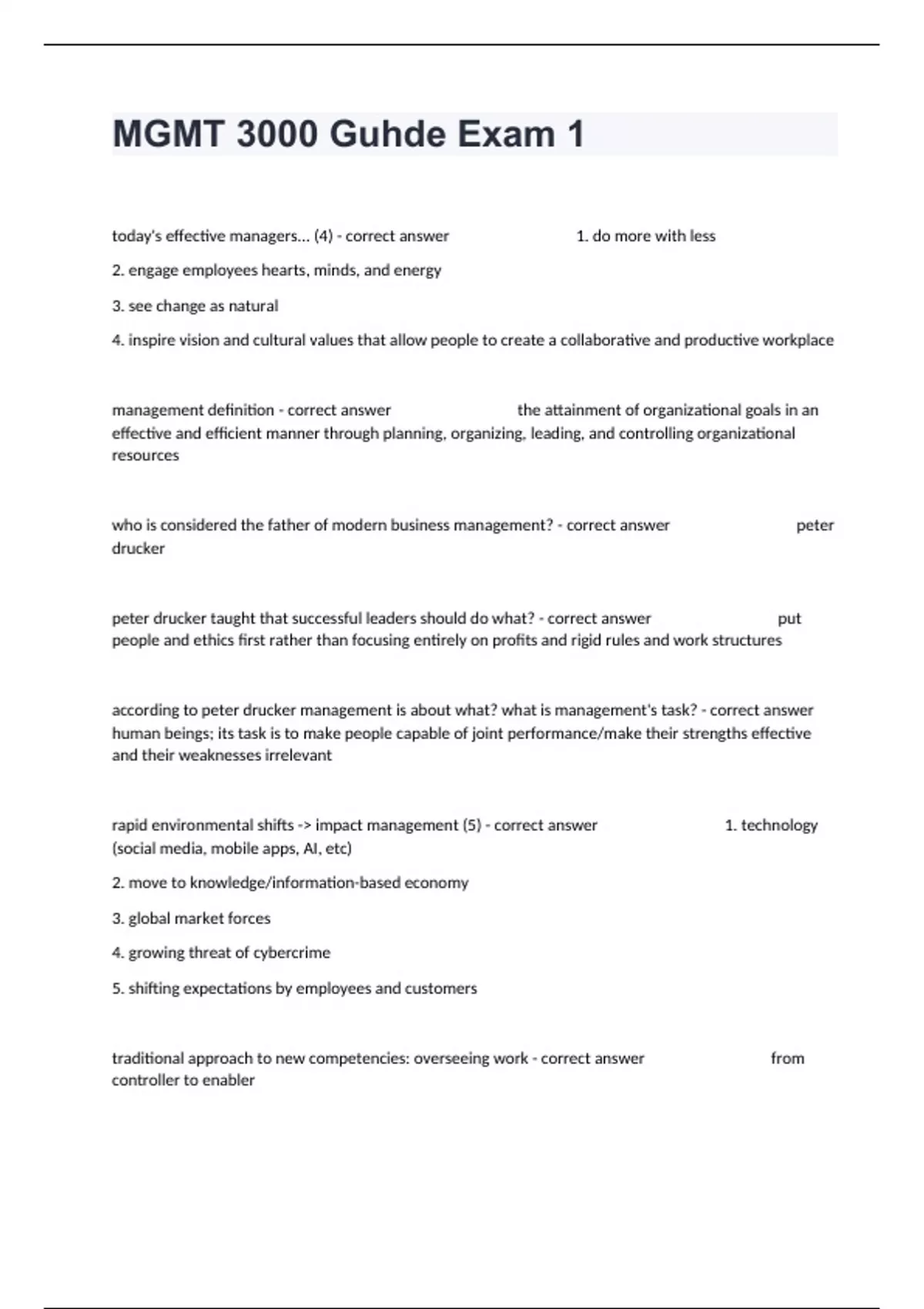 MGMT 3000 Guhde Exam 1 Research Study Questions And Answers Graded A+ ...
