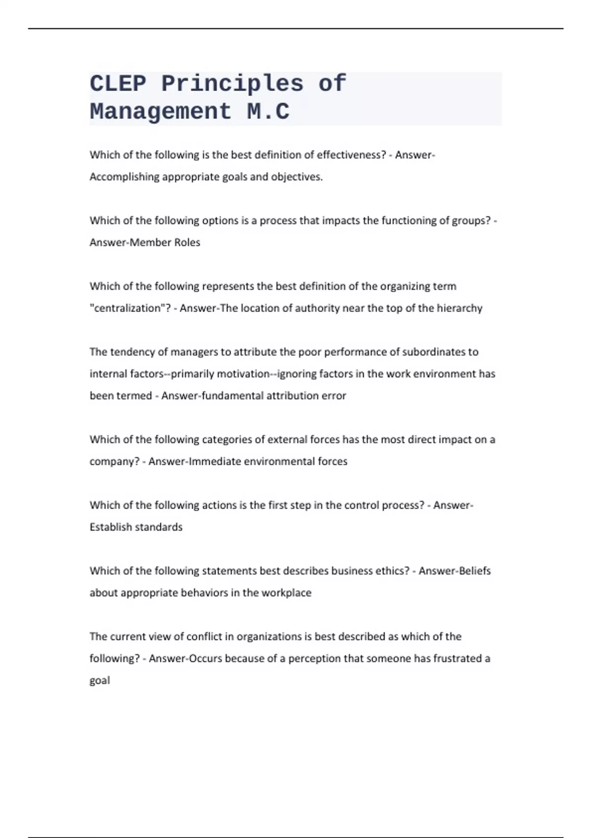 CLEP Principles of Management M.C 2024 - CLEP Principles of Management ...