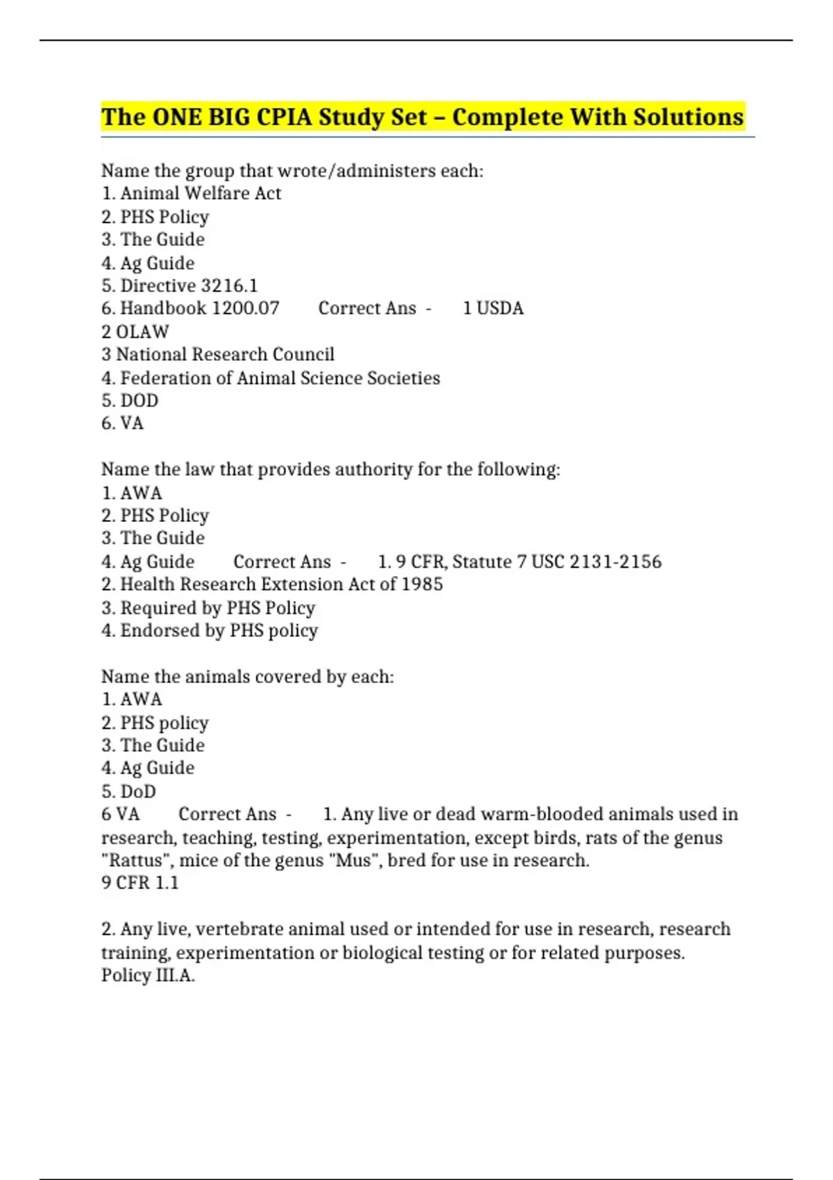 The ONE BIG CPIA Study Set – Complete With Solutions - CPIA - Stuvia US