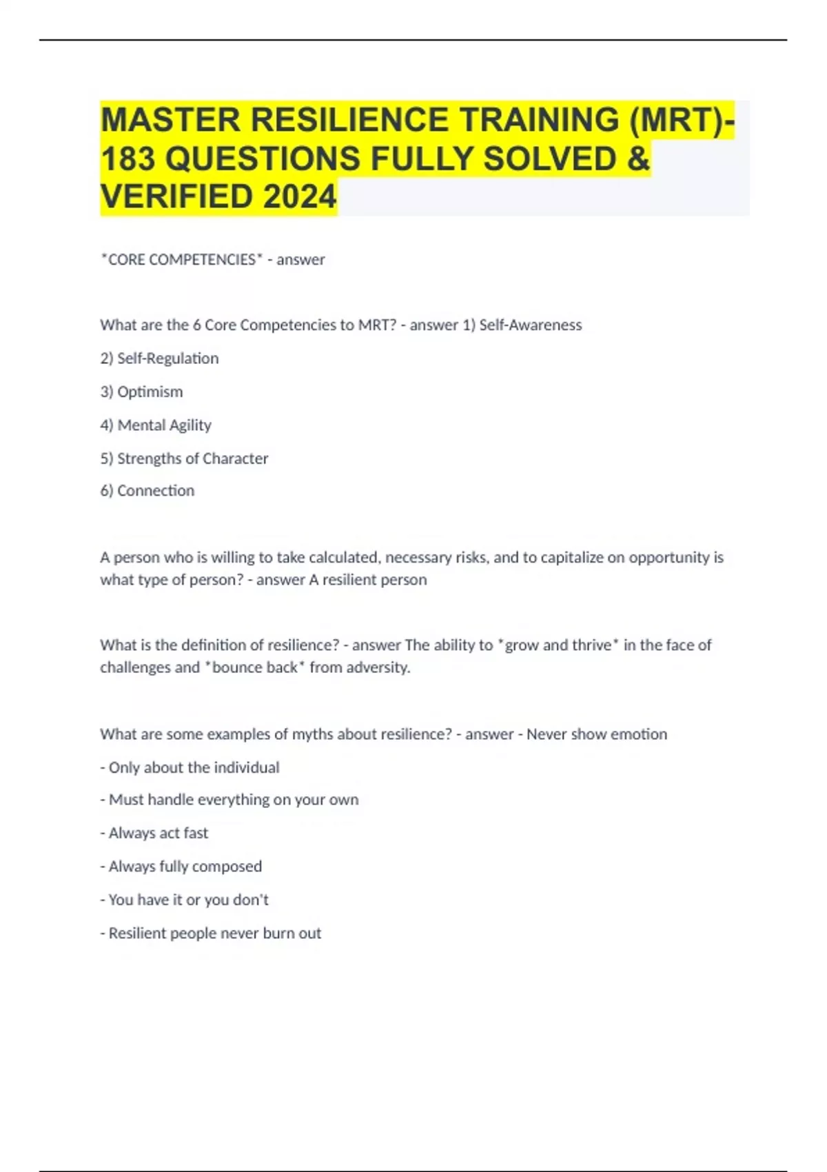 MASTER RESILIENCE TRAINING (MRT)-183 QUESTIONS FULLY SOLVED & VERIFIED ...