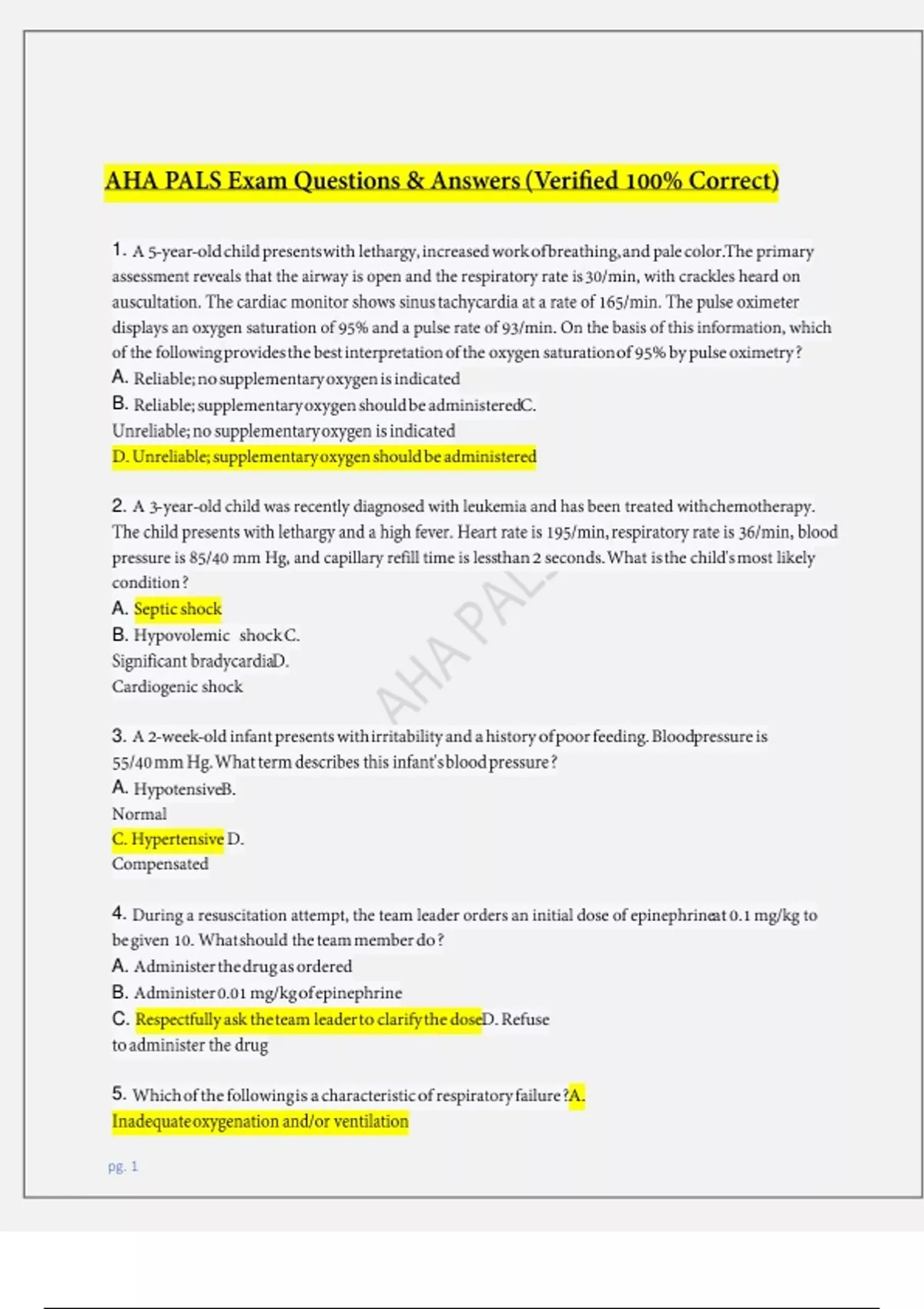 AHA PALS Exam Questions Answers Verified 100 Correct 2024 AHA