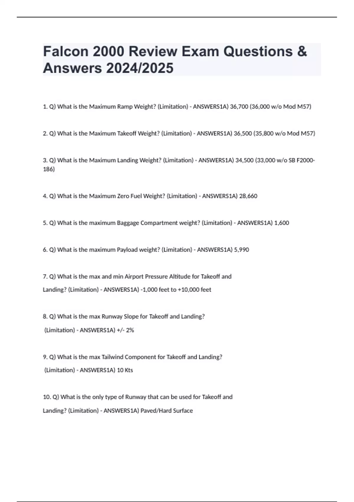 Falcon 2000 Review Exam Questions & Answers 2024/2025 - Falcon 2000 ...