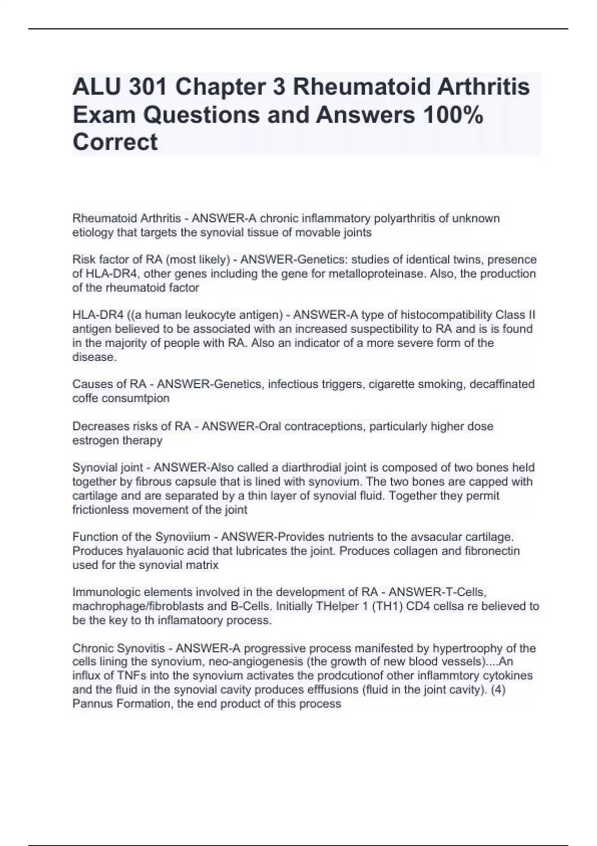 ALU 301 Chapter 3 Rheumatoid Arthritis Exam Questions and Answers 100% Correct - ALU 301 - Stuvia US