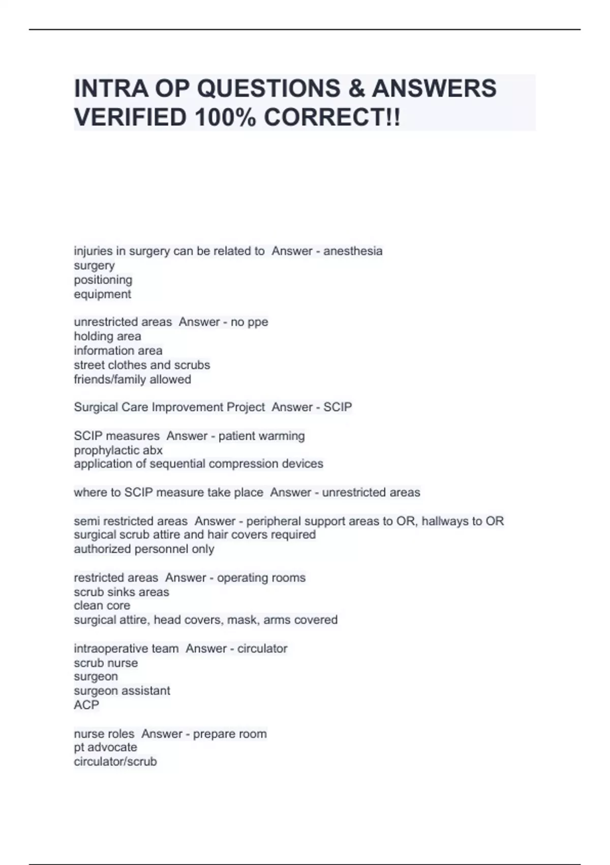 INTRA OP QUESTIONS & ANSWERS VERIFIED 100% CORRECT!! - INTRA OP - Stuvia US