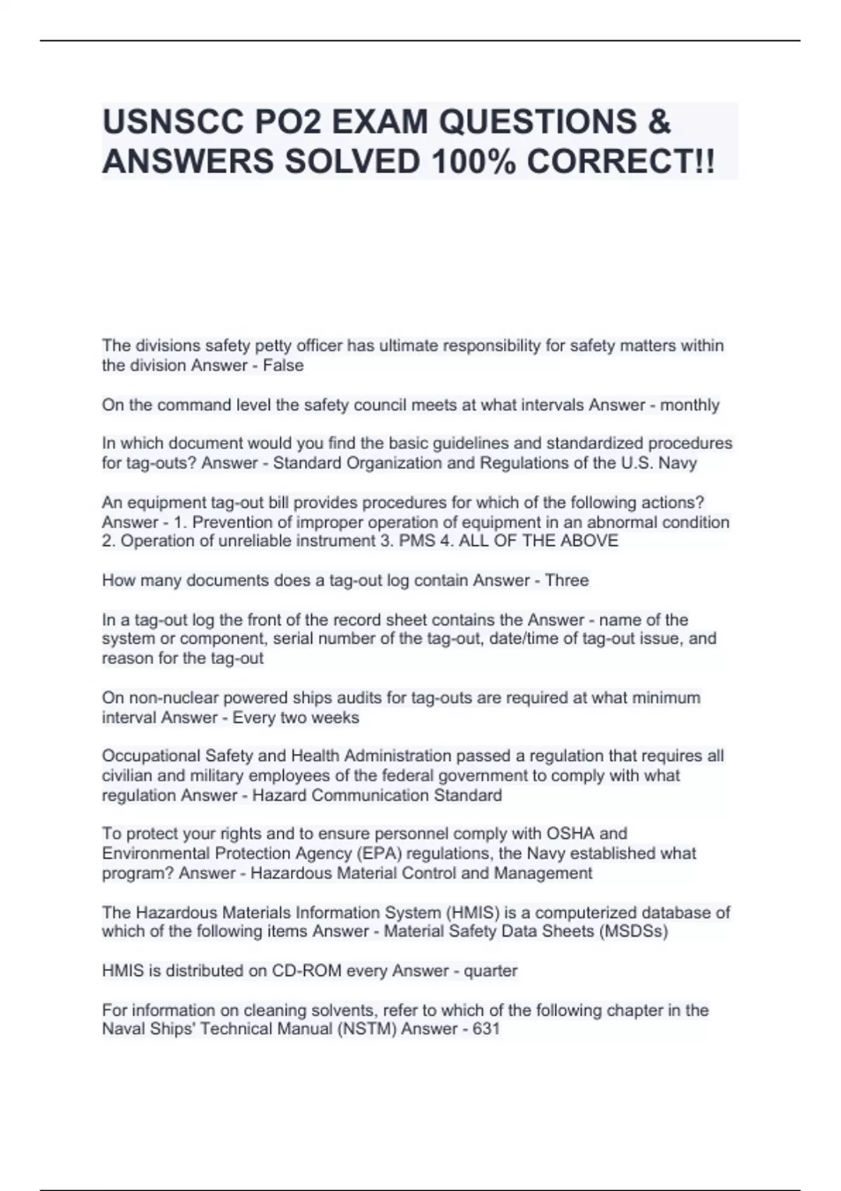 USNSCC PO2 EXAM QUESTIONS & ANSWERS SOLVED 100% CORRECT!!. - DFG ...