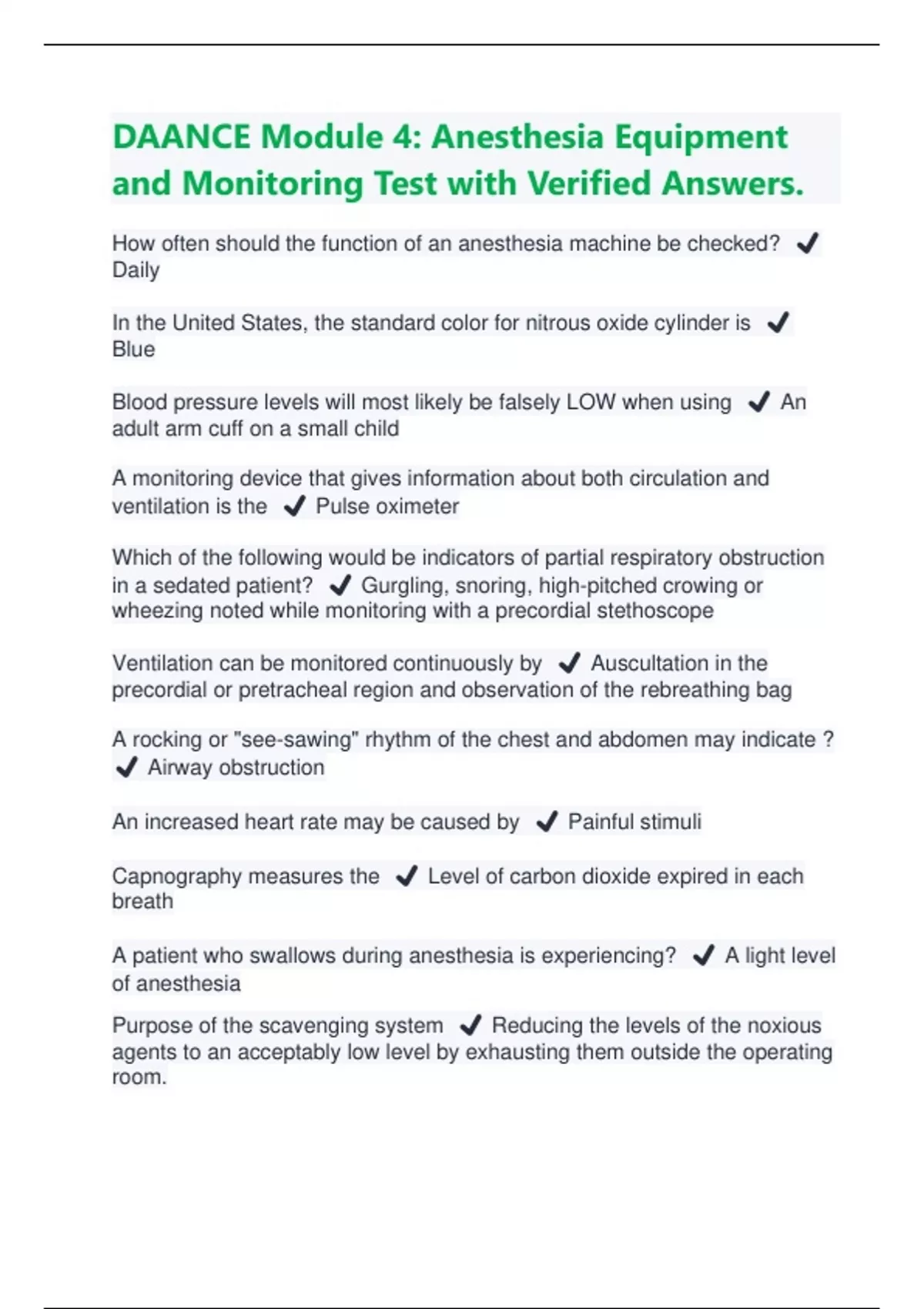 DAANCE Module 4: Anesthesia Equipment and Monitoring Test with Verified ...