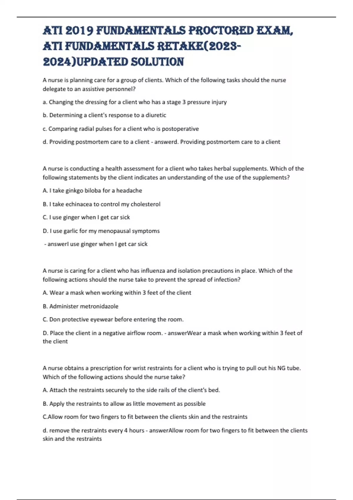 ATI 2019 Fundamentals Proctored Exam, ATI Fundamentals Retake()updated solution - ATI ...