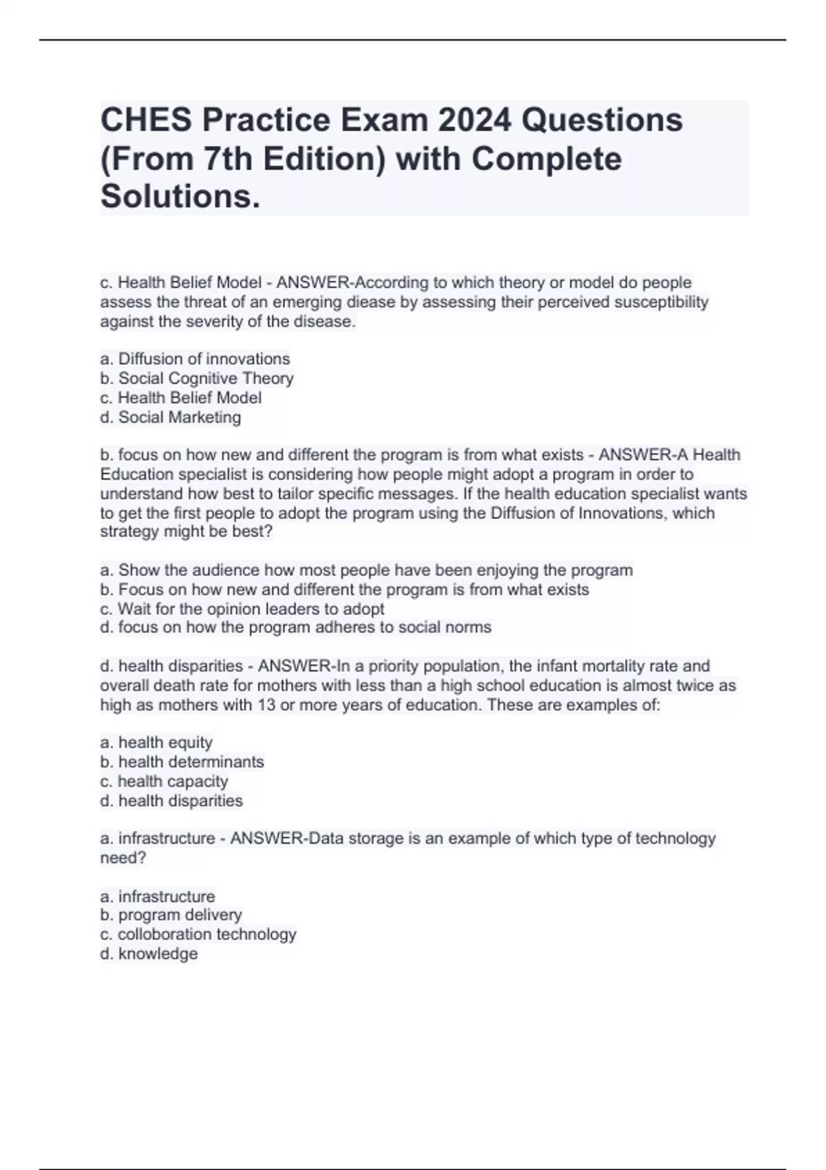 CHES Practice Exam 2024 Questions (From 7th Edition) with Complete ...