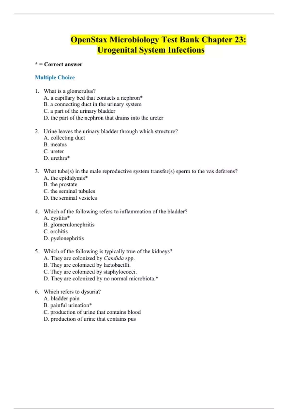 OpenStax Microbiology Test Bank Chapter 23: Urogenital System ...