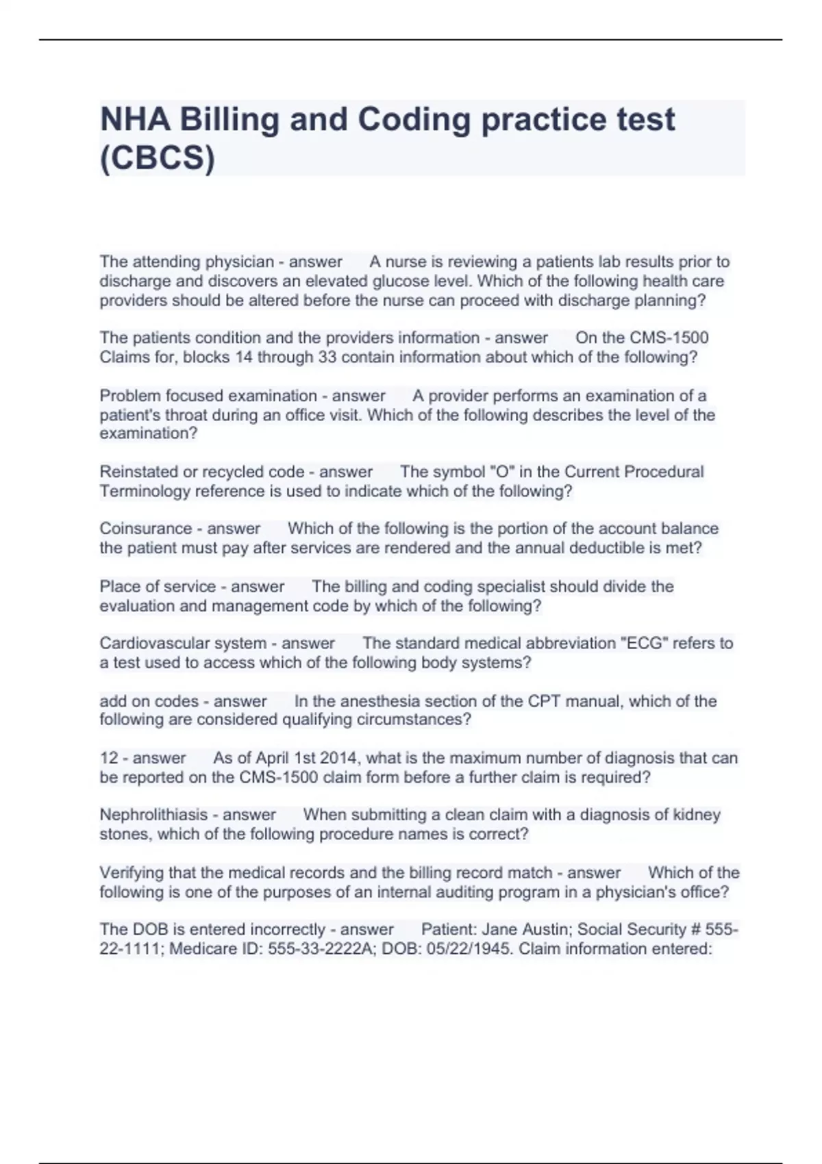 NHA Billing and Coding practice test (CBCS) Questions with solutions ...