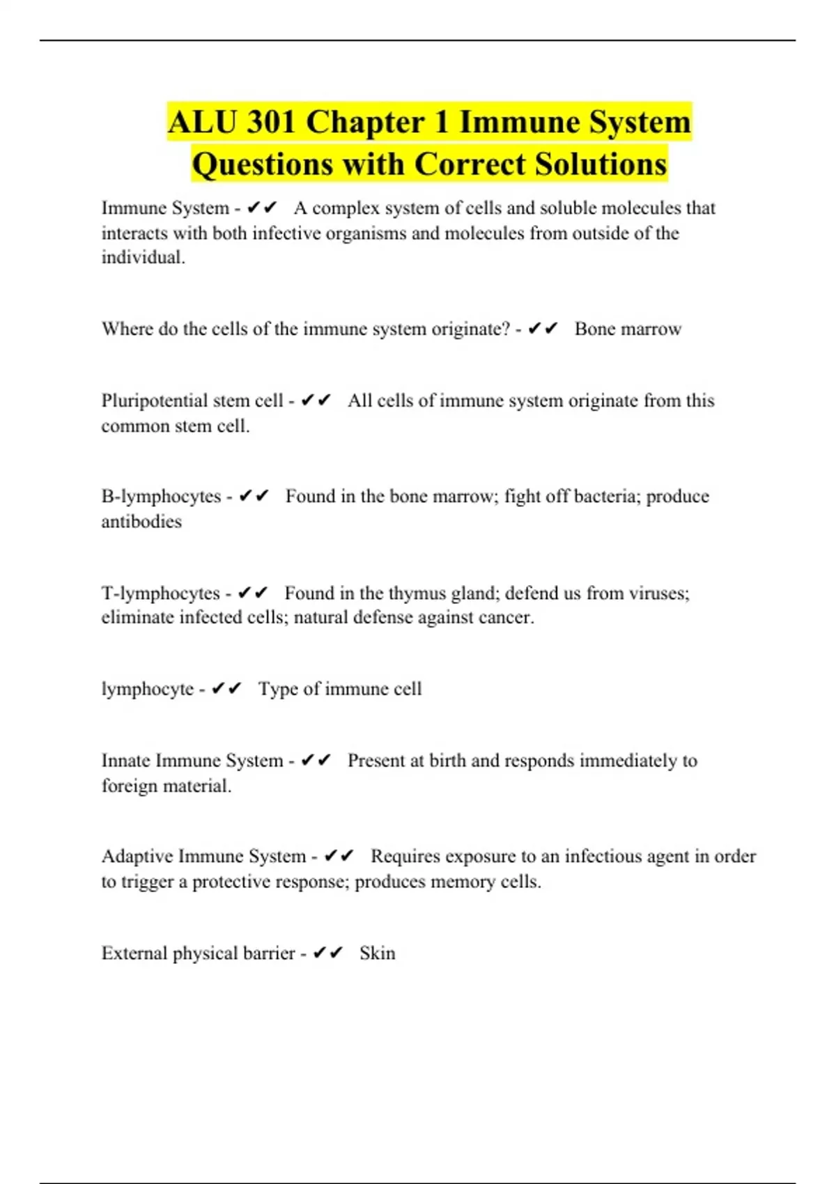 ALU 301 Chapter 1 Immune System Questions with Correct Solutions - ALU 301 Chapter 1 Immune ...