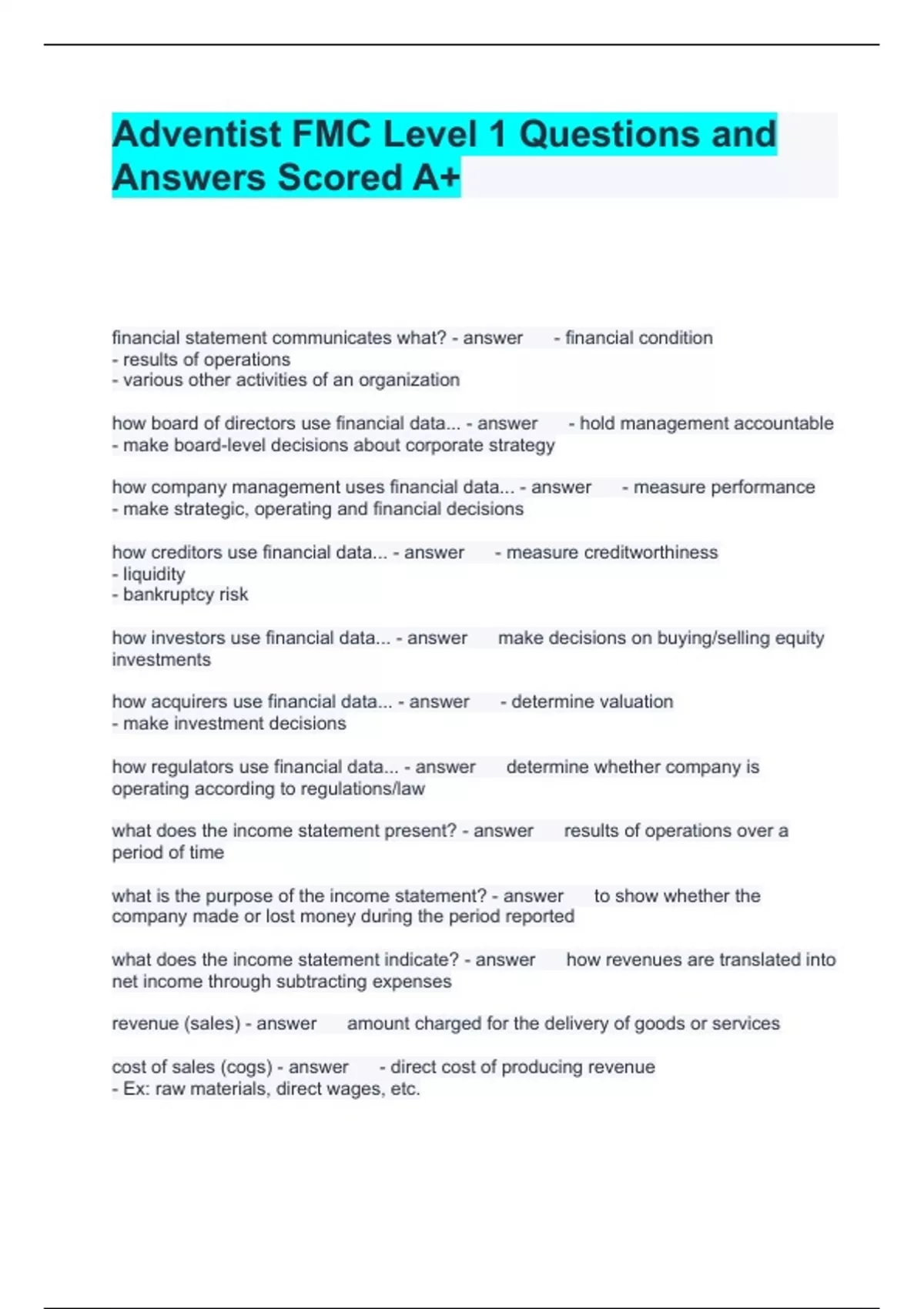 Adventist FMC Level 1 Questions and Answers Scored A+ - FICEP - Stuvia UK