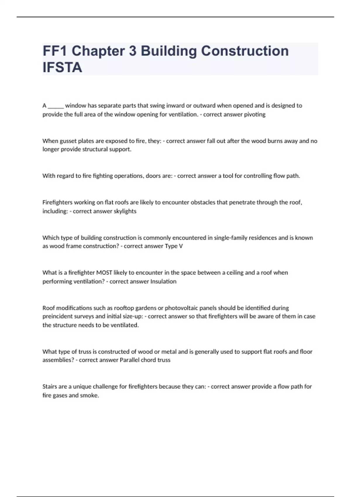 FF1 Chapter 3 Building Construction IFSTA fully solved 2024/2025 ...