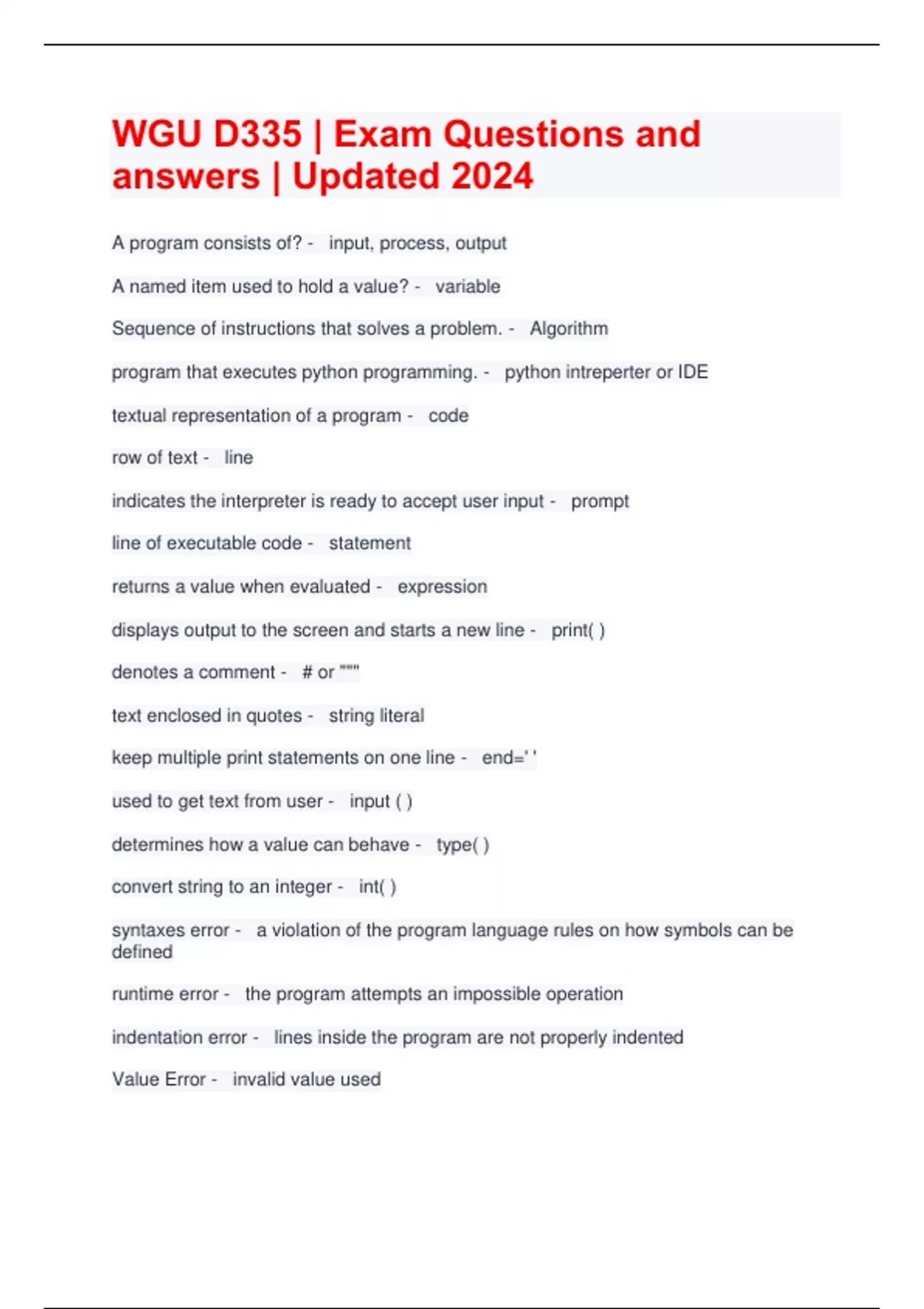 WGU D335 | Exam Questions and answers | Updated 2024 - WGU D335 - Stuvia US