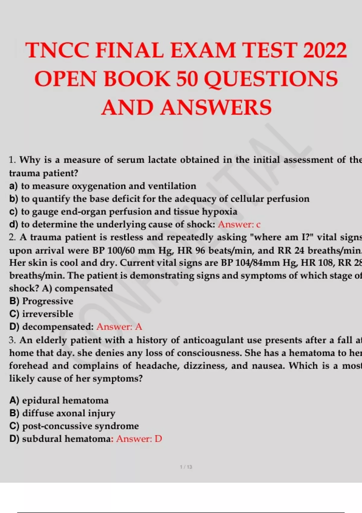 TNCC FINAL EXAM TEST 2022 OPEN BOOK 50 QUESTIONS AND ANSWERS. - RN ...
