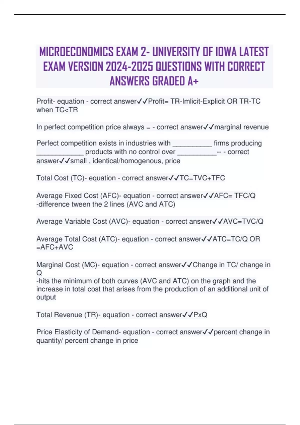 MICROECONOMICS EXAM 2- UNIVERSITY OF IOWA LATEST EXAM VERSION QUESTIONS ...