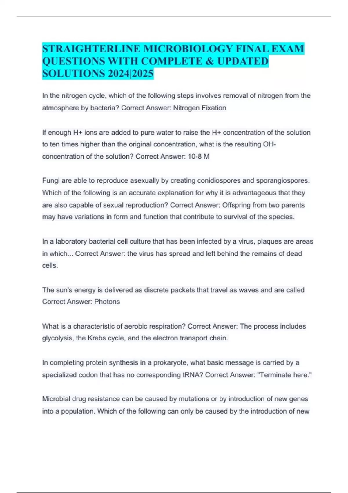 STRAIGHTERLINE MICROBIOLOGY FINAL EXAM QUESTIONS WITH COMPLETE ...