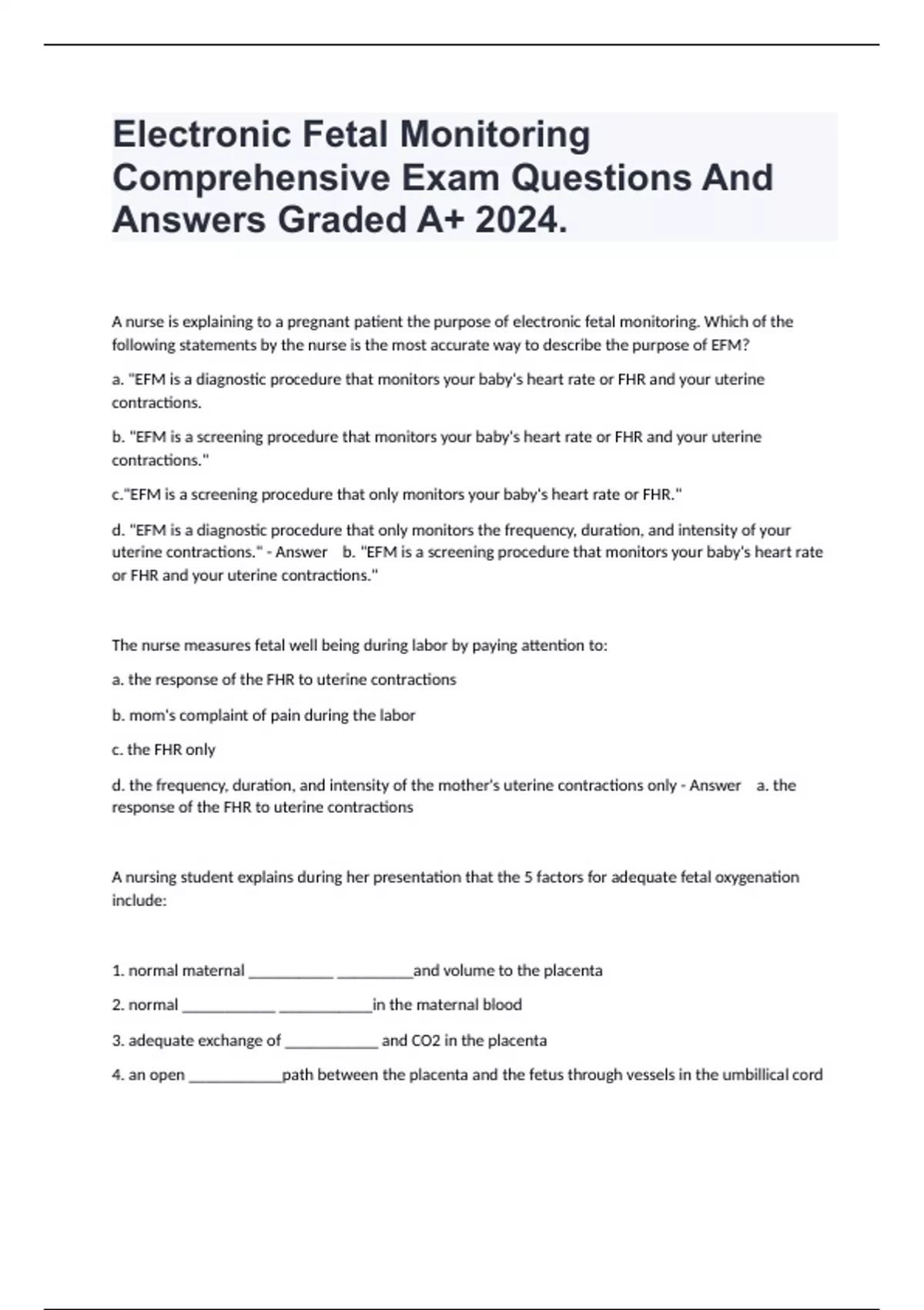 Electronic Fetal Monitoring Comprehensive Exam Questions And Answers Graded A+ 2024. - NCC EFM ...