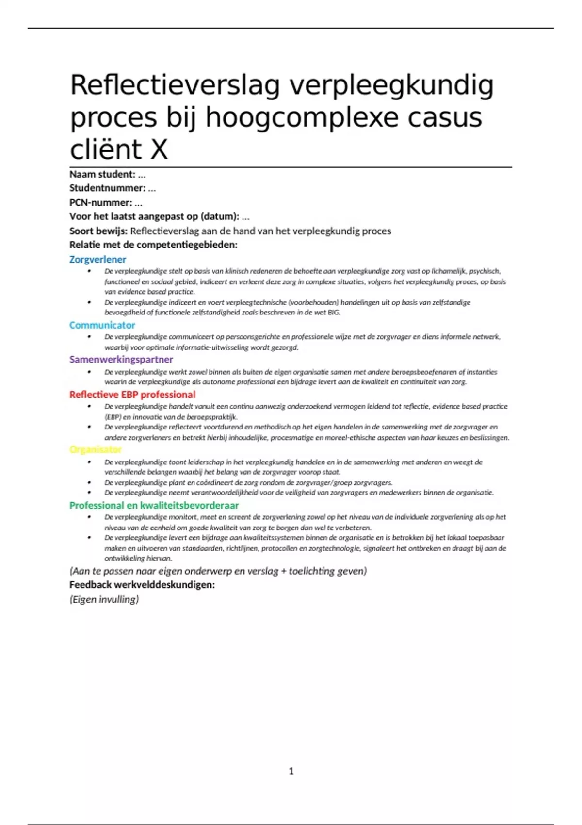 Voorbeeld bewijslast PL4 verpleegkundig proces hoogcomplexe casus - PL4 ...