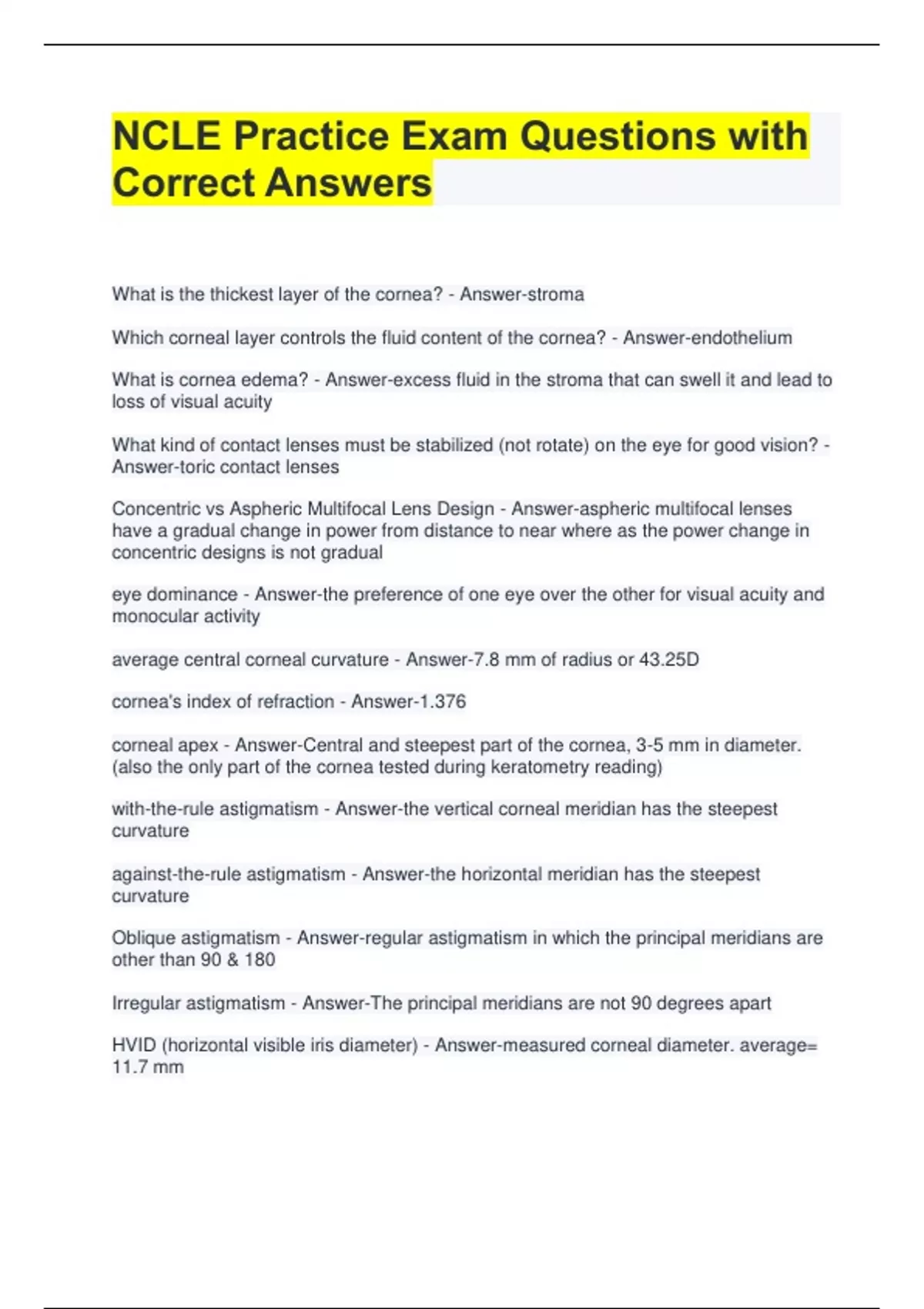 NCLE Practice Exam Questions with Correct Answers - NCLE - Stuvia US